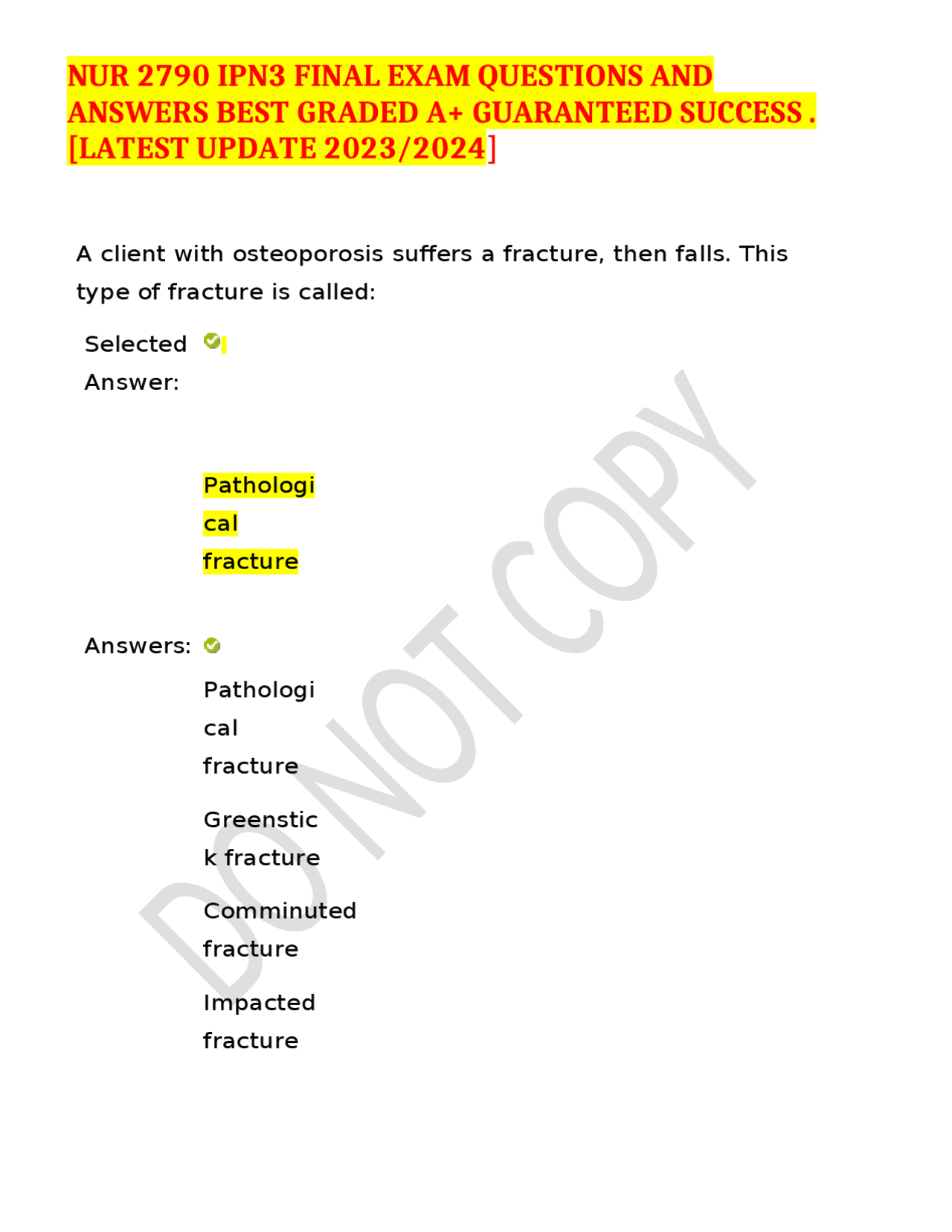 NUR 2790 IPN3 FINAL EXAM QUESTIONS AND ANSWERS BEST GRADED A+ ...