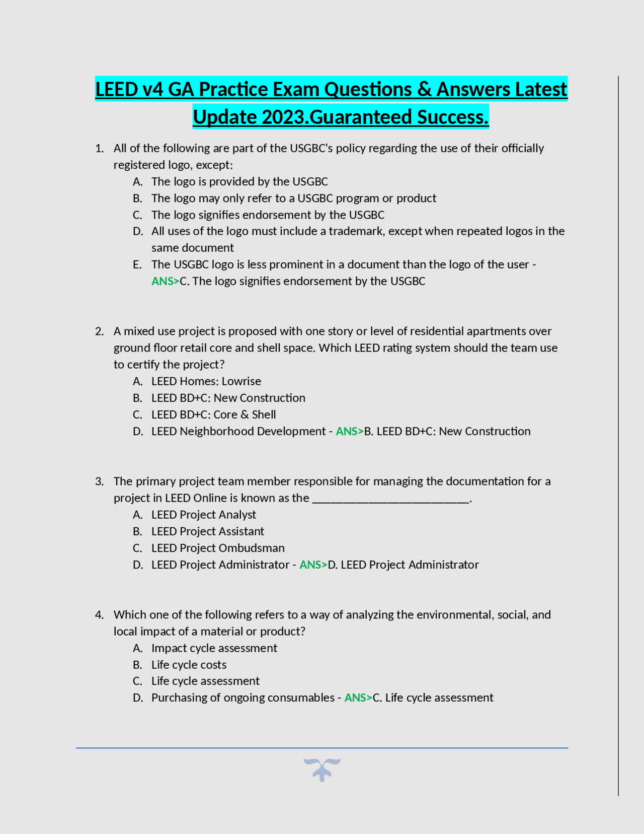 LEED v4 GA Practice Exam Questions & Answers Latest Update 2023 ...