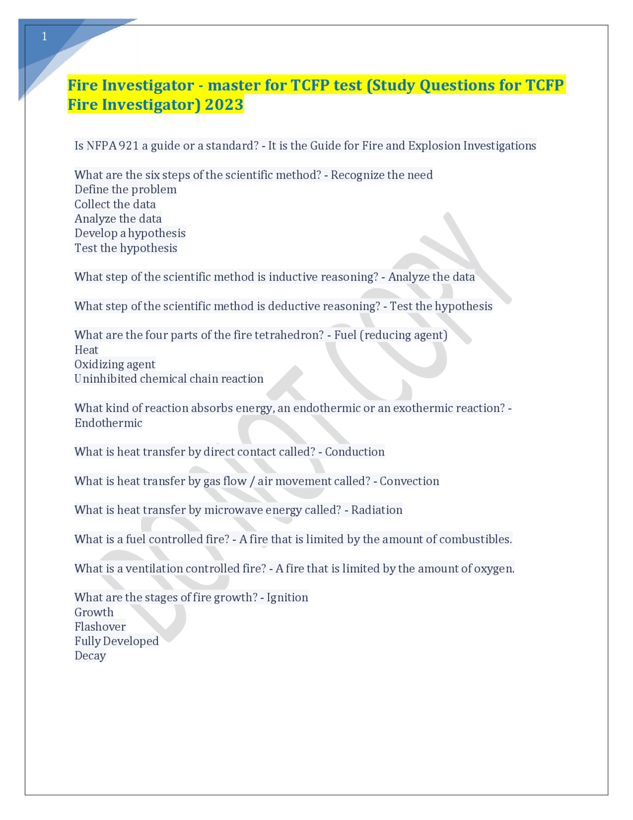 Fire Investigator - master for TCFP test (Study Questions for TCFP Fire ...