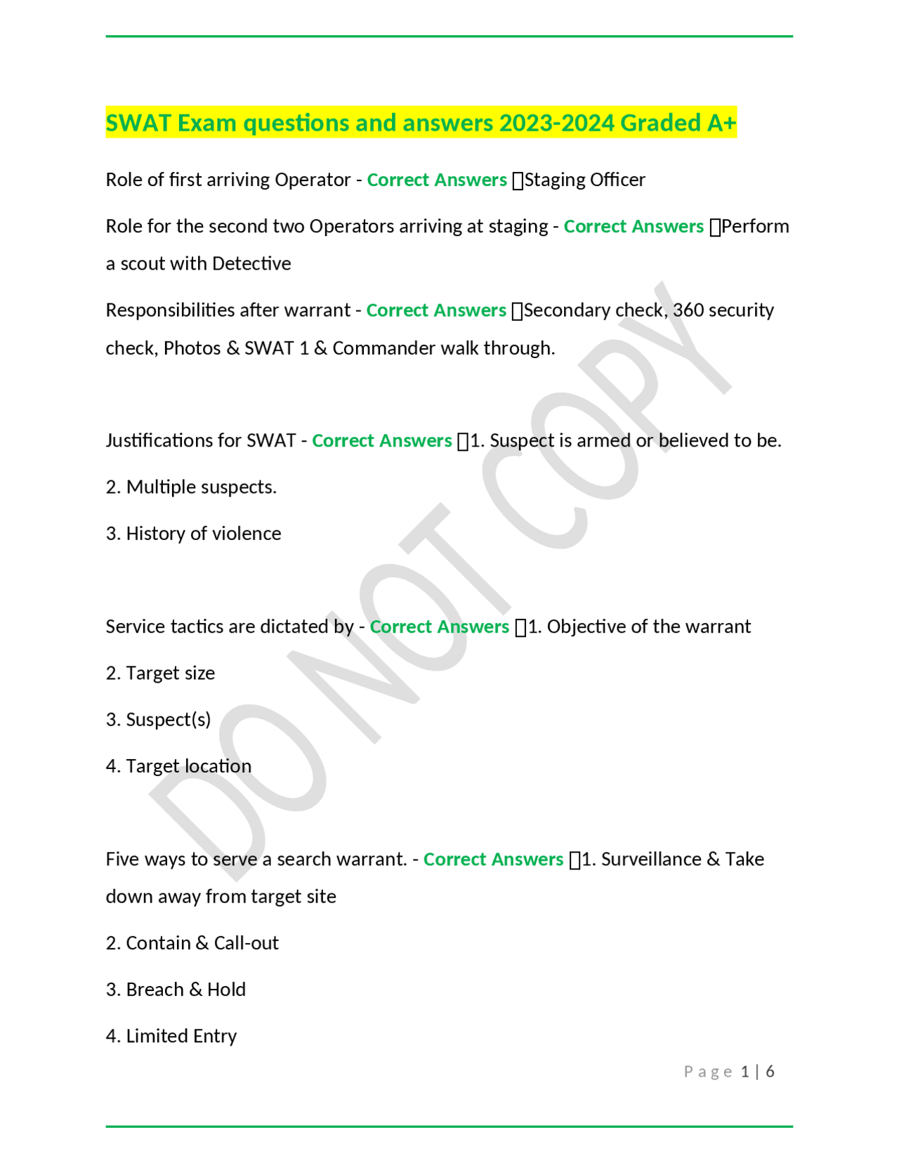 SWAT Exam questions and answers 2023-2024 Graded A+ | Exams Law | Docsity