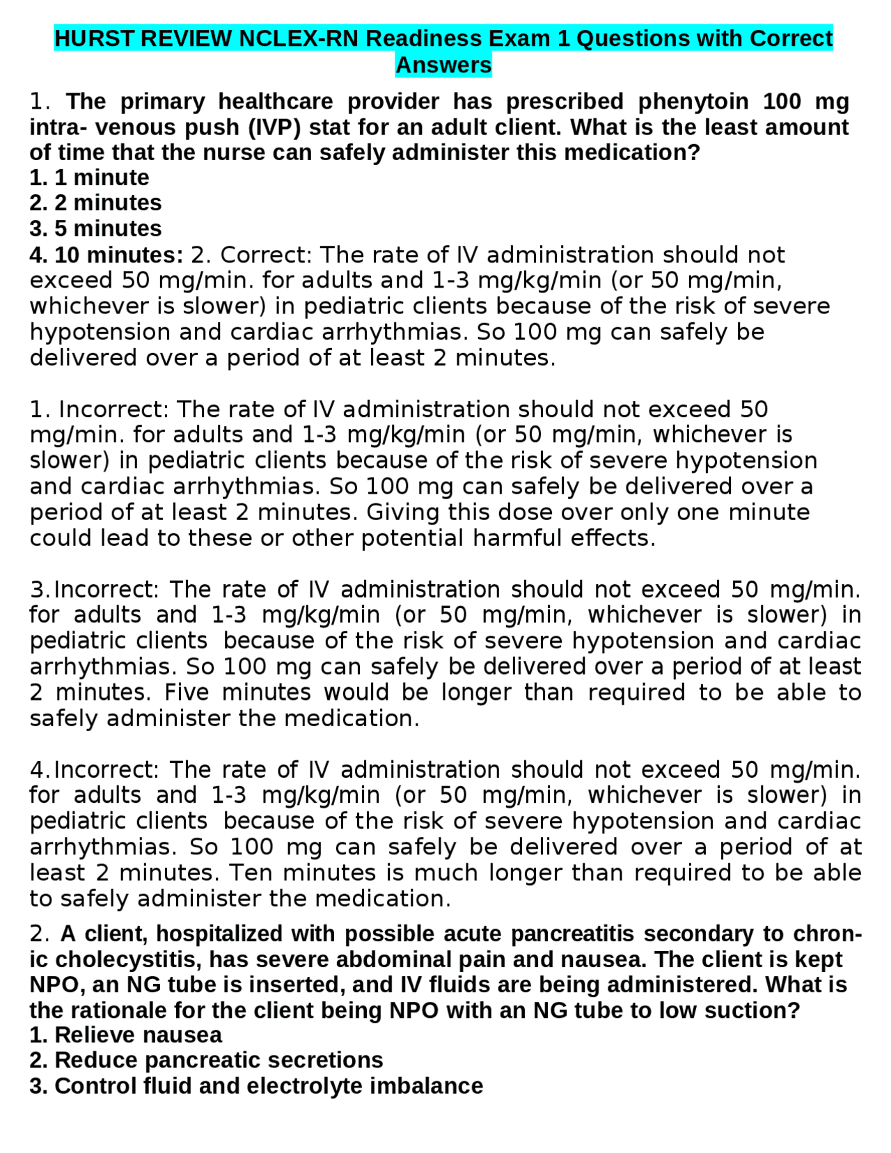 HURST REVIEW NCLEX-RN Readiness Exam 1 Questions with Correct Answers ...