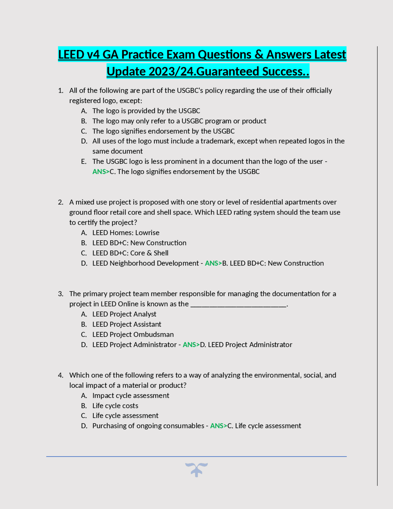 LEED v4 GA Practice Exam Questions & Answers Latest Update 2023/24 ...