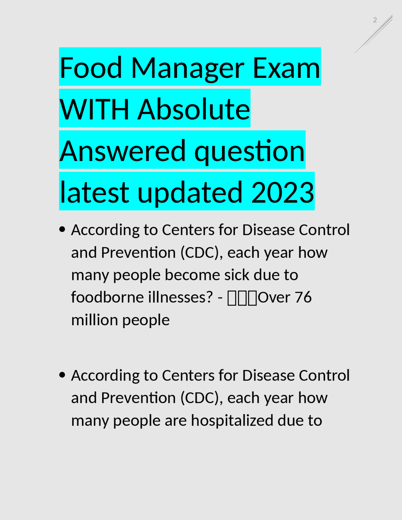 Food Manager Exam WITH Absolute Answered question latest updated 2023 ...