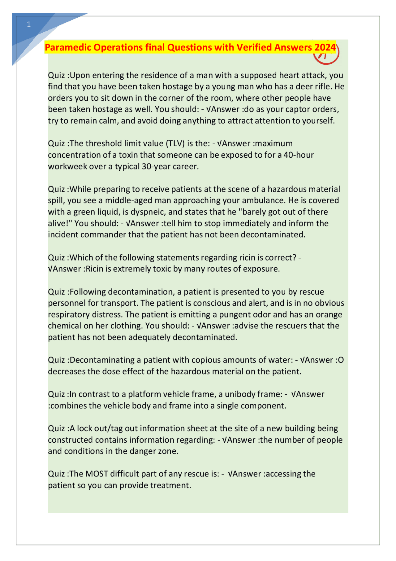 Paramedic Operations Final Questions With Verified Answers 2024 Exams