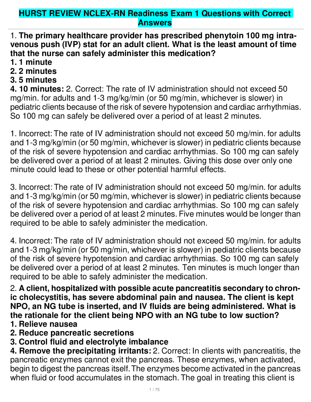 HURST REVIEW NCLEX-RN Readiness Exam 1 Questions with Correct Answers ...