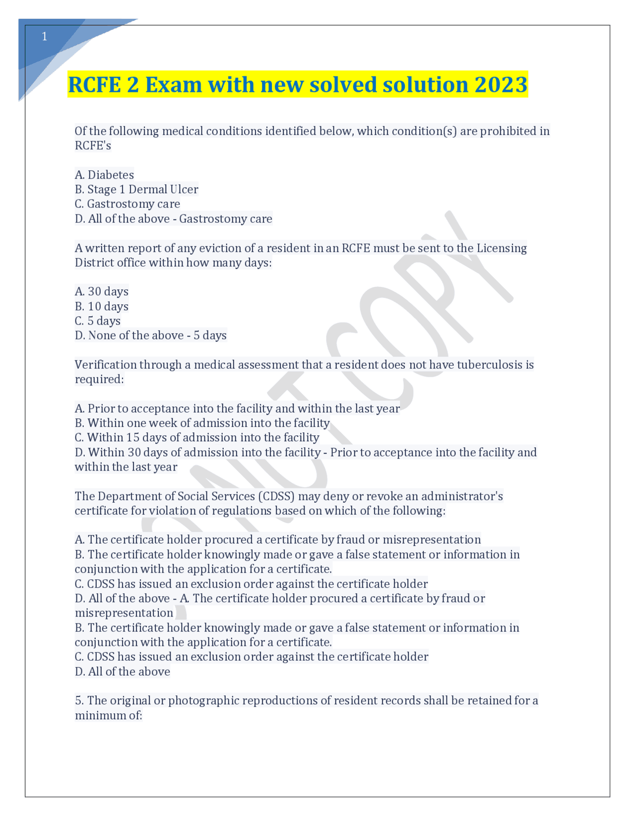 RCFE 2 Exam with new solved solution 2023. | Exams Nursing | Docsity