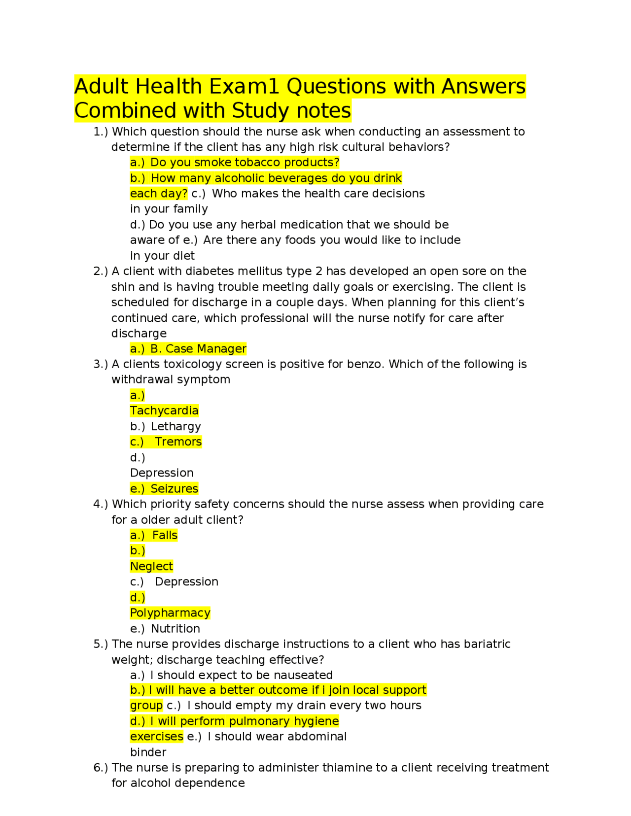 Adult Health Exam1 Questions with Answers Combined with Study notes ...