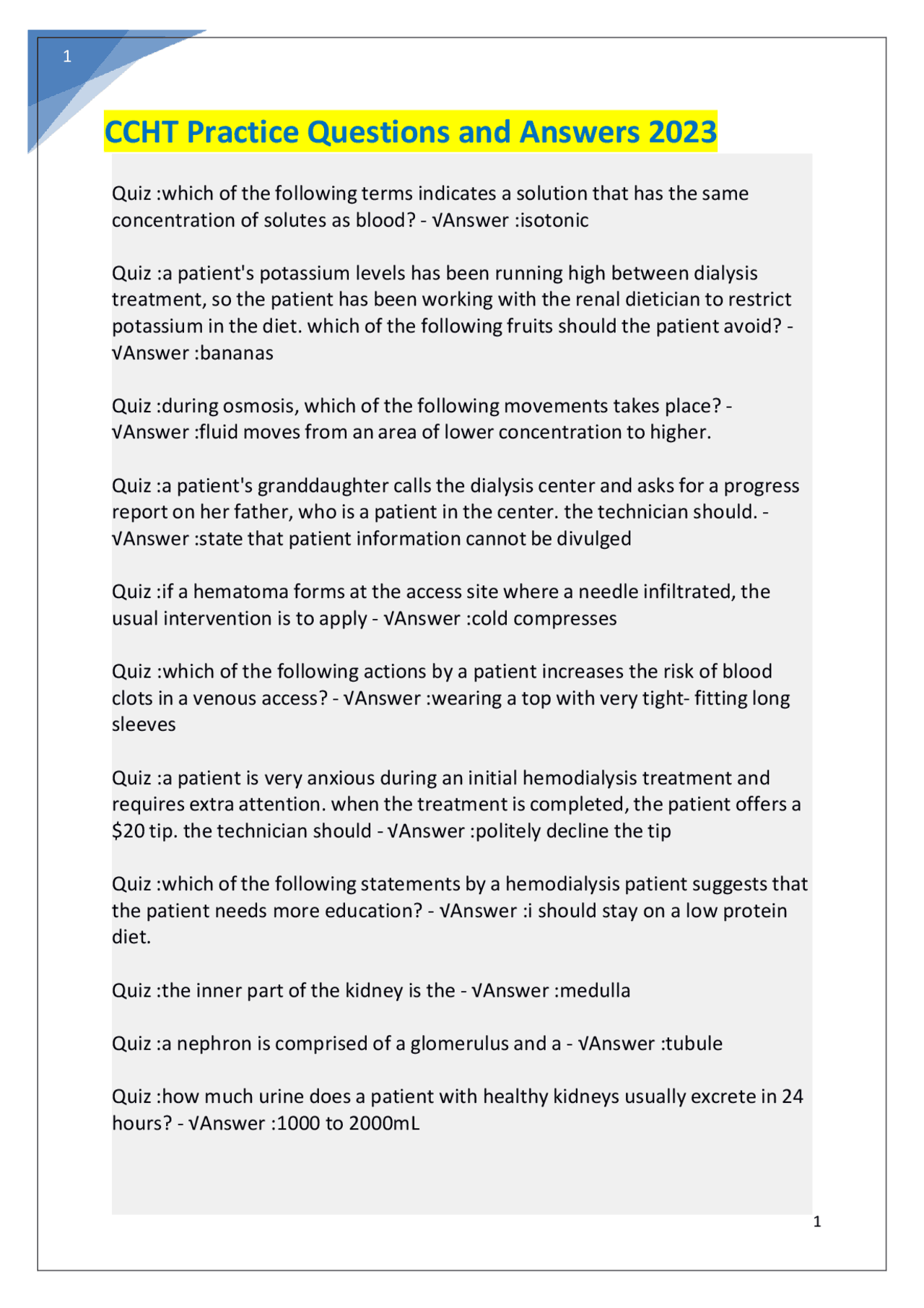 CCHT Practice Questions and Answers 2023 | Exams Nursing | Docsity