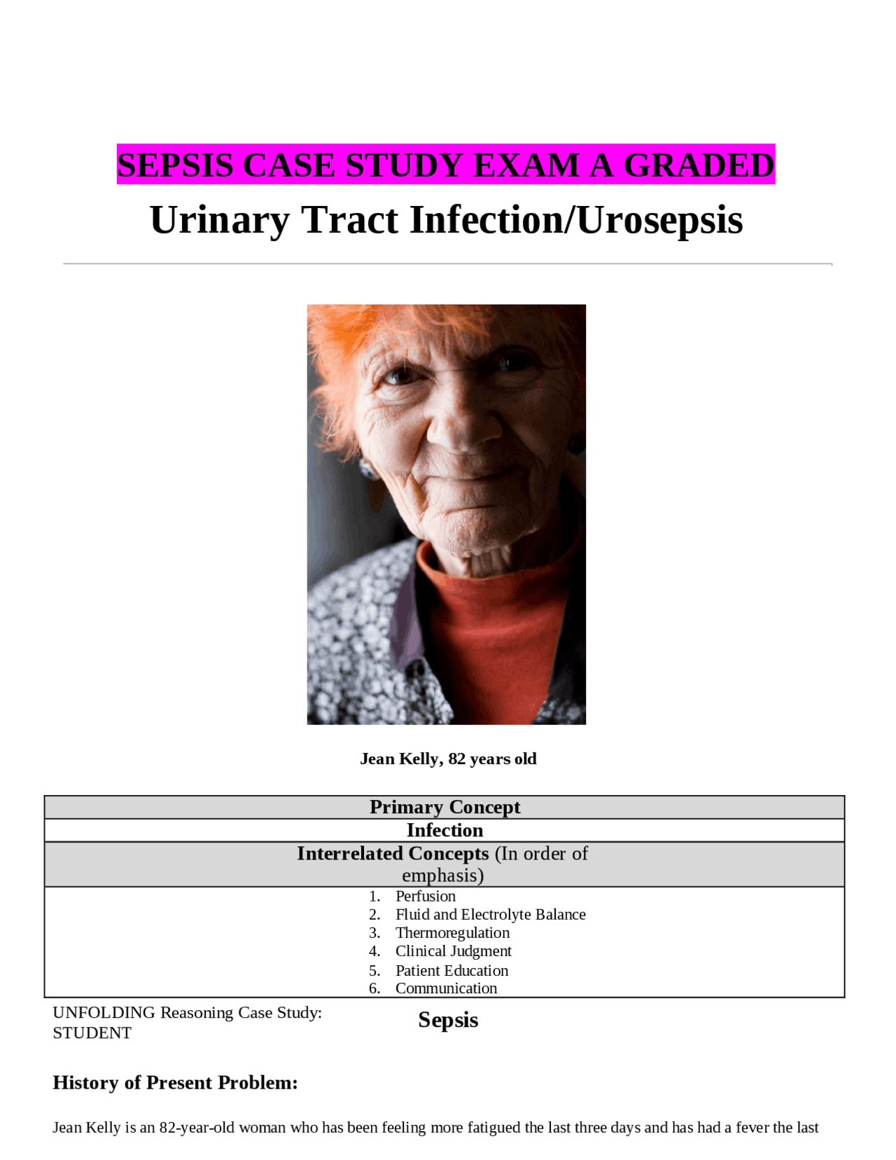 SEPSIS CASE STUDY EXAM A GRADED | Exams Nursing | Docsity