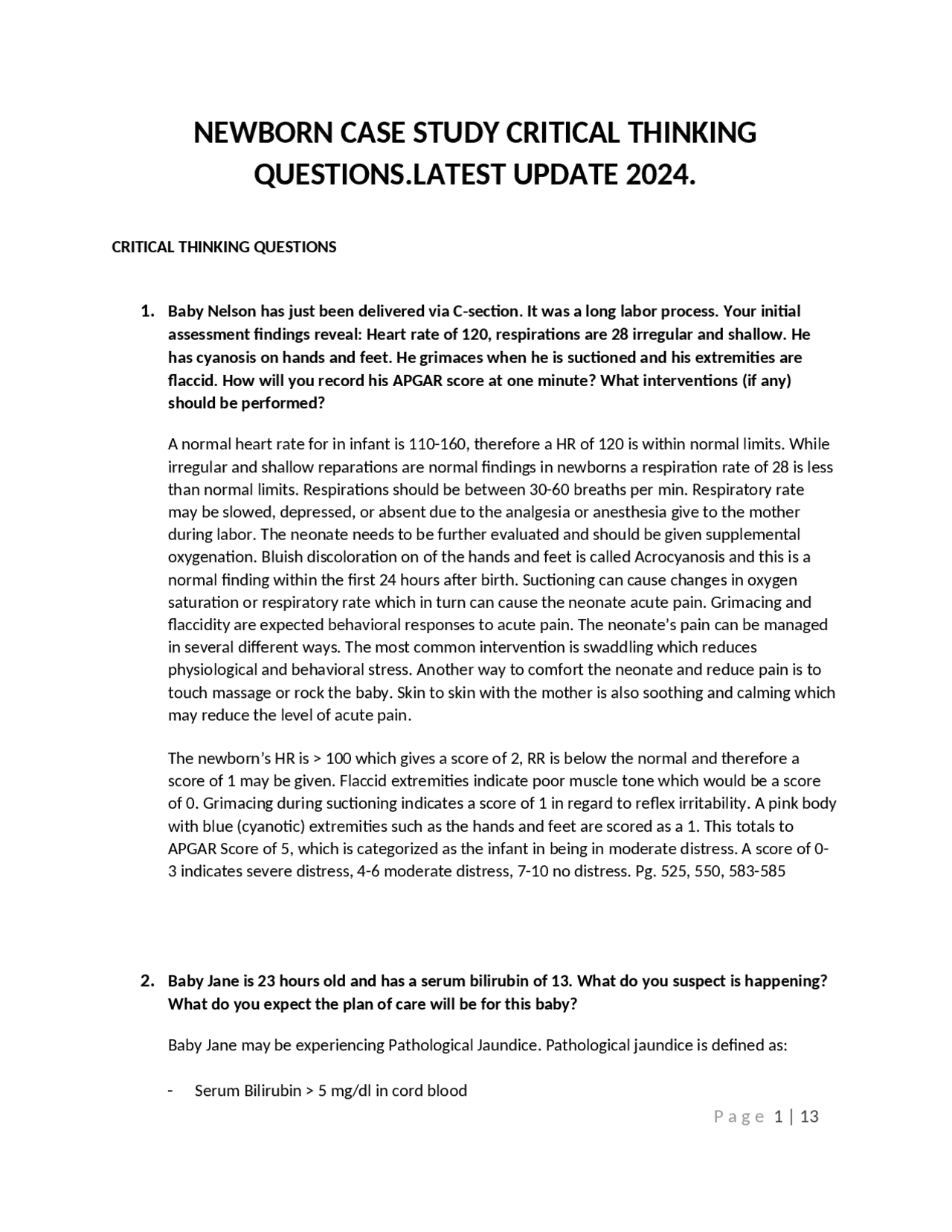 NEWBORN CASE STUDY CRITICAL THINKING QUESTIONS.LATEST UPDATE 2024 ...