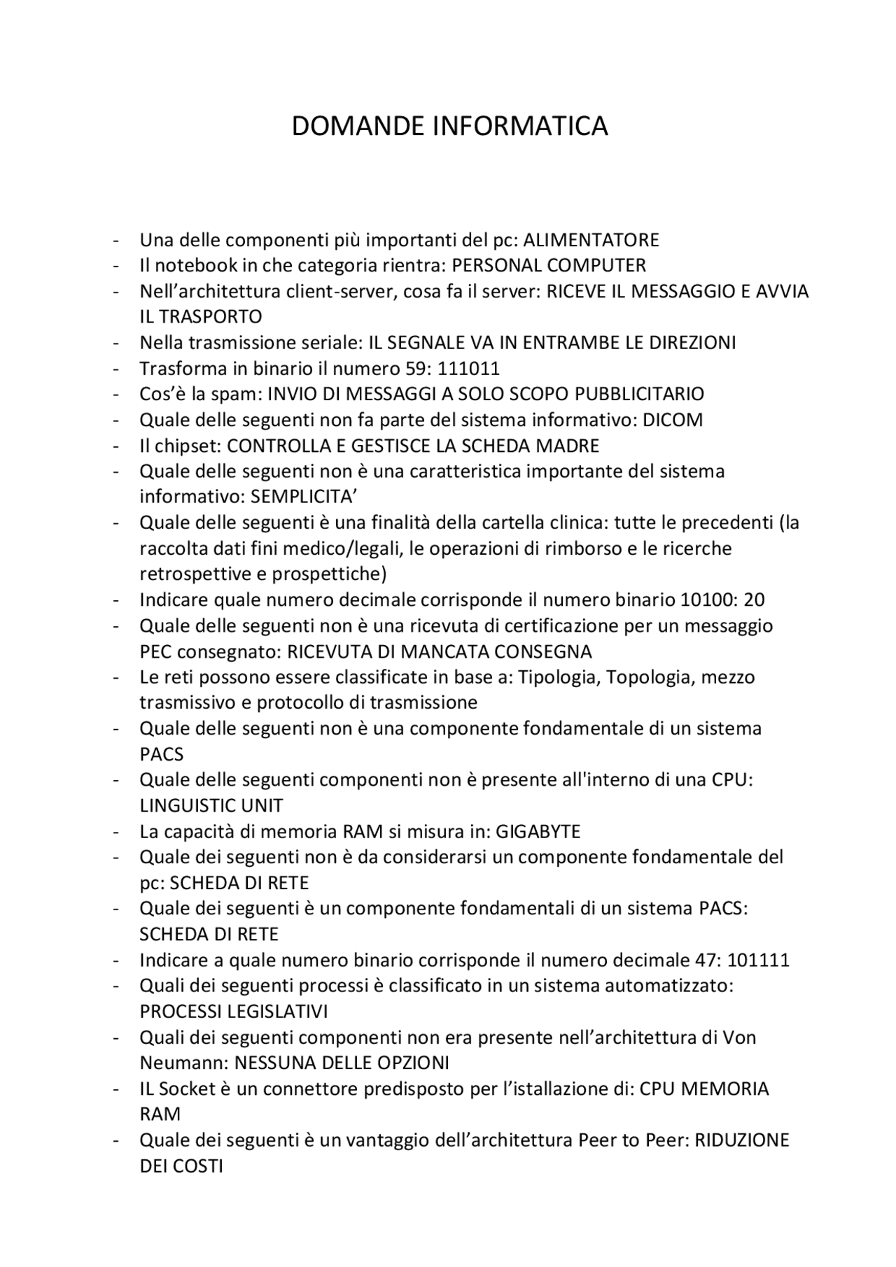 Domande esame Informatica | Prove d'esame di Informatica Medica | Docsity