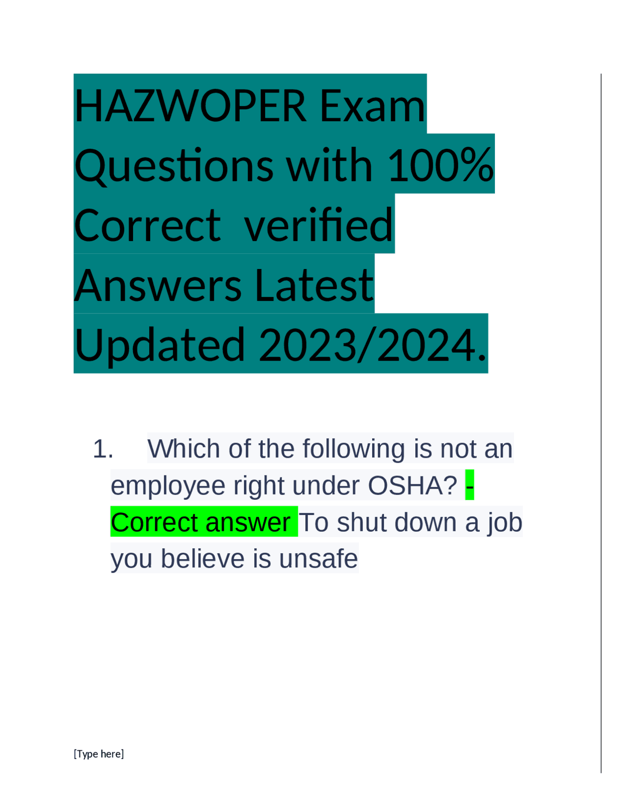 HAZWOPER Exam Questions with 100% Correct verified Answers Latest ...
