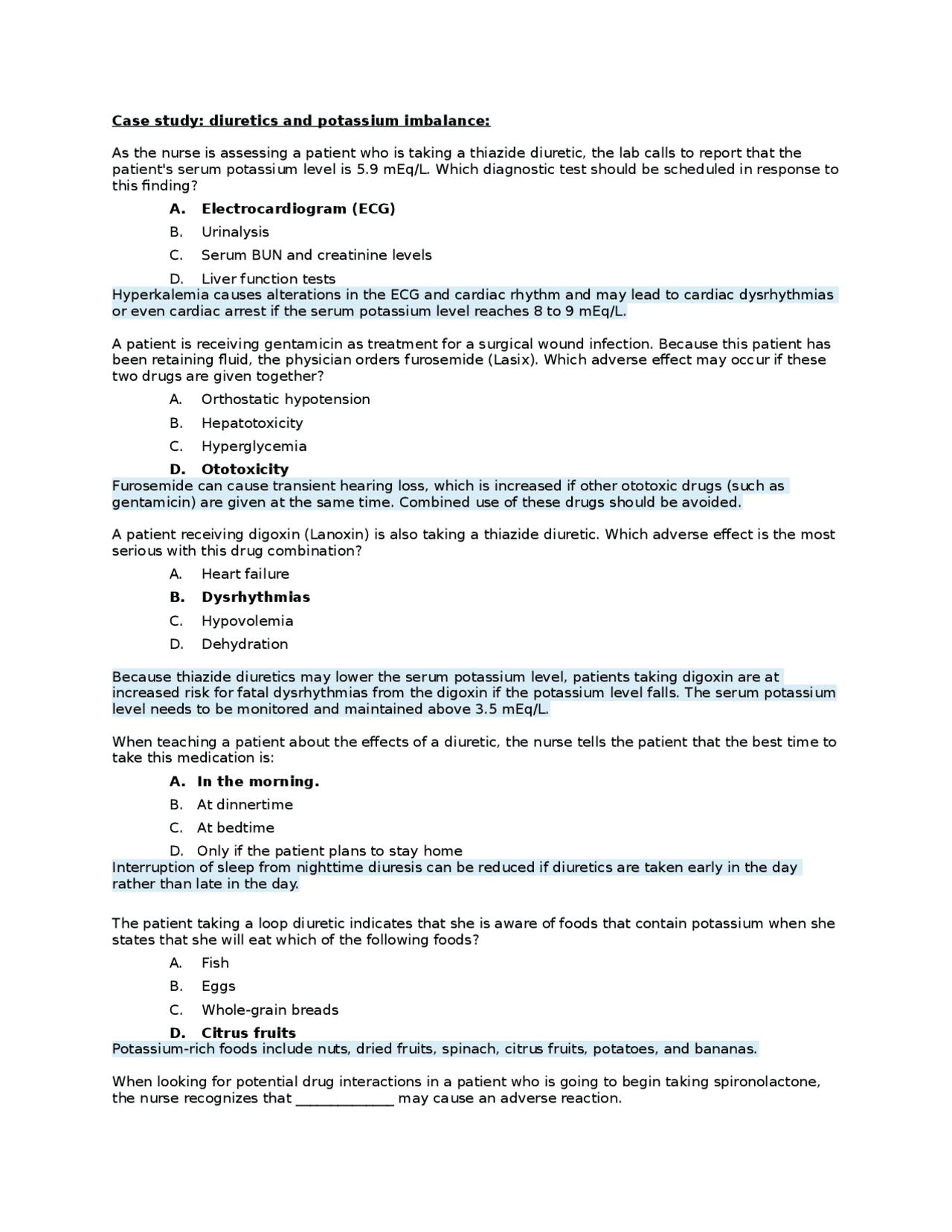 Pharmacology exam 2 nclex questions Case study: diuretics and potassium ...