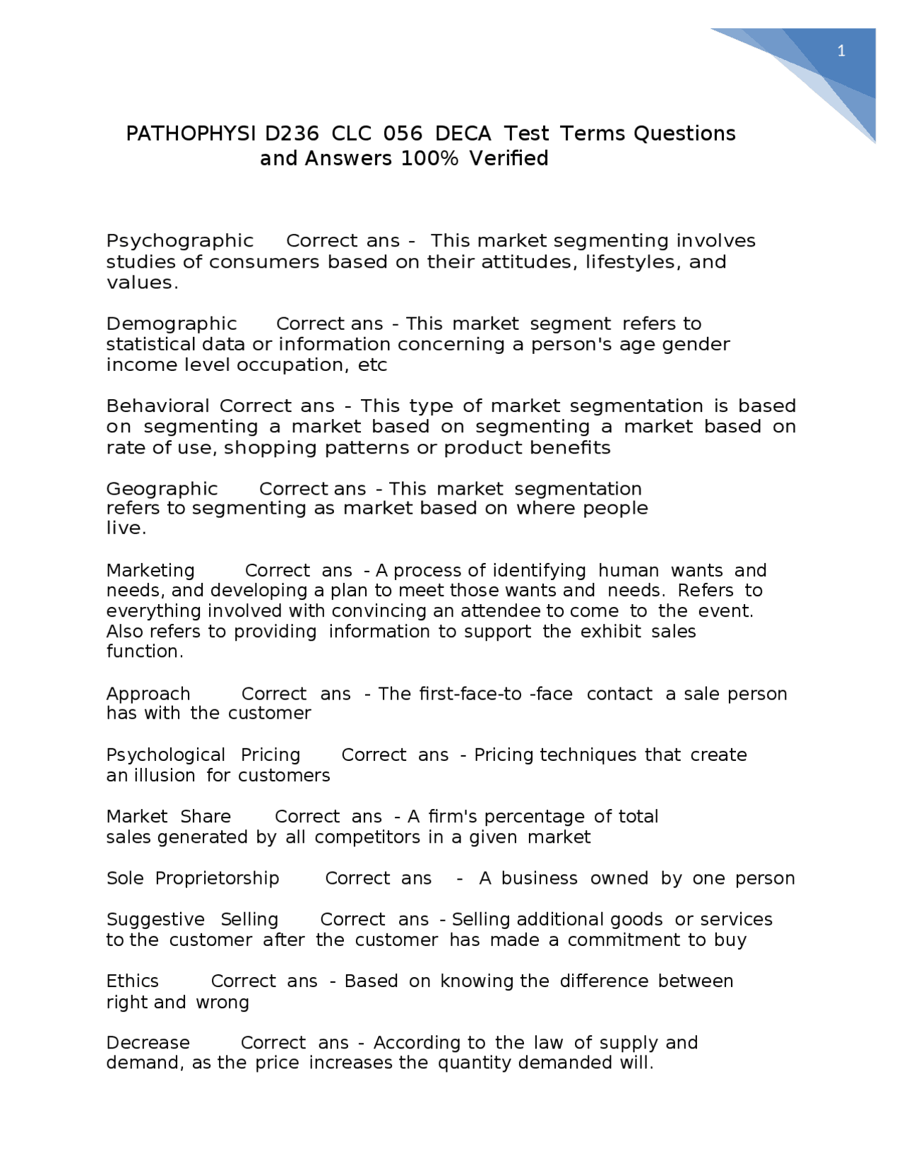 PATHOPHYSI D236 CLC 056 DECA Test Terms Questions and Answers 100% ...