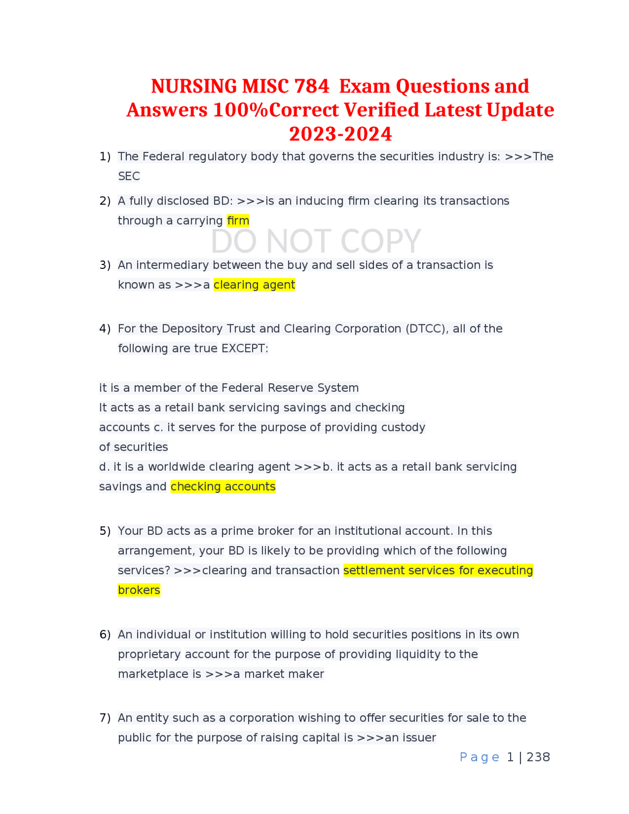 NURSING MISC 784 Exam Questions and Answers 100%Correct Verified Latest ...