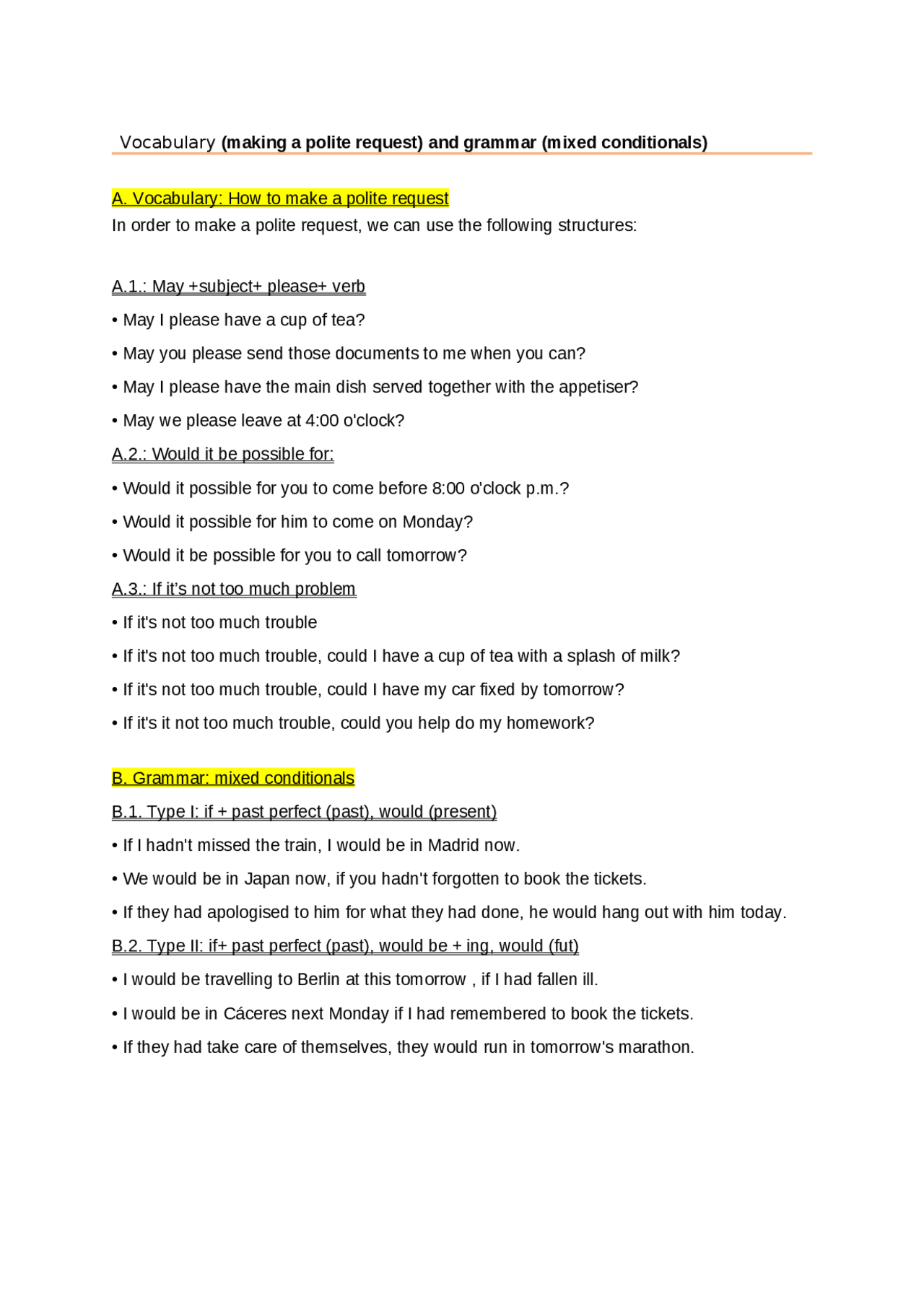 Polite requests and mixed conditionals (advanced) | Apuntes de Inglés ...