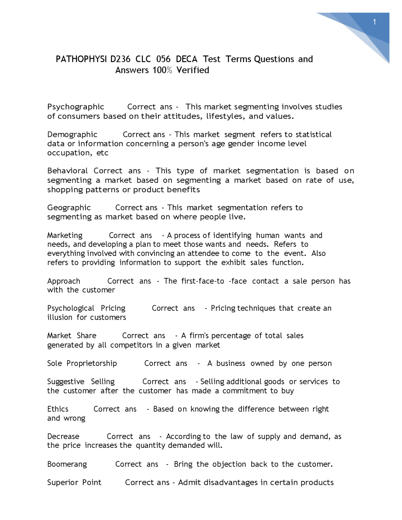 PATHOPHYSI D236 CLC 056 DECA Test Terms Questions and Answers 100% ...