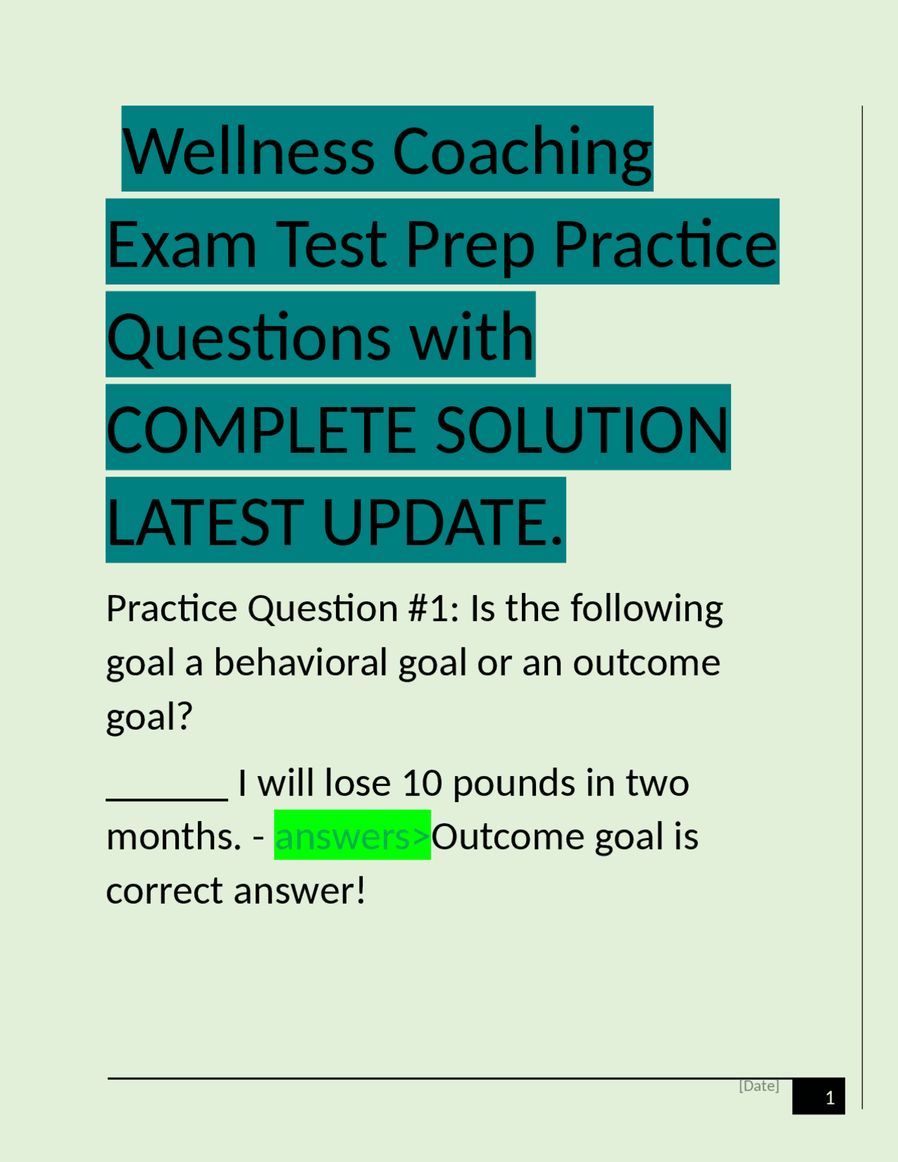 Wellness Coaching Exam Test Prep Practice Questions with COMPLETE ...