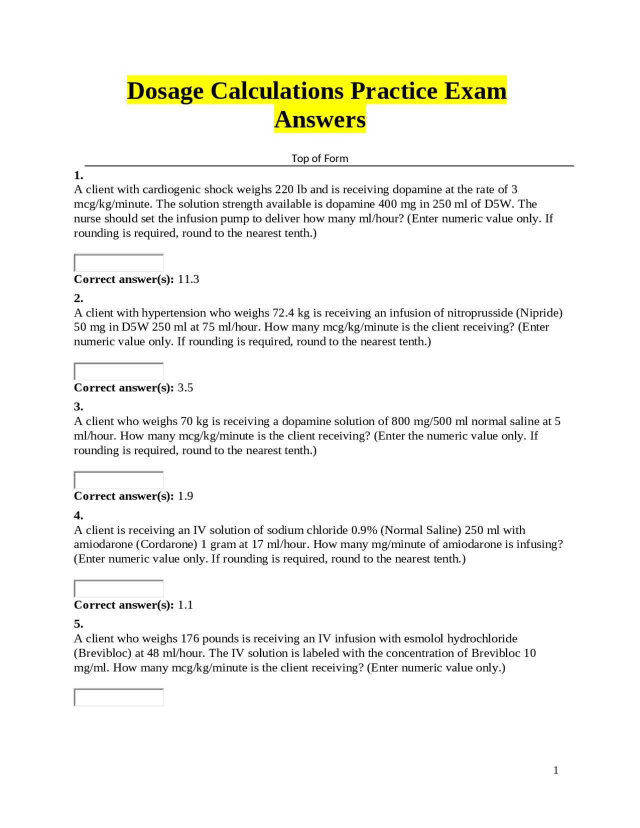 Dosage Calculations Practice Exam Answers | Exams Nursing | Docsity