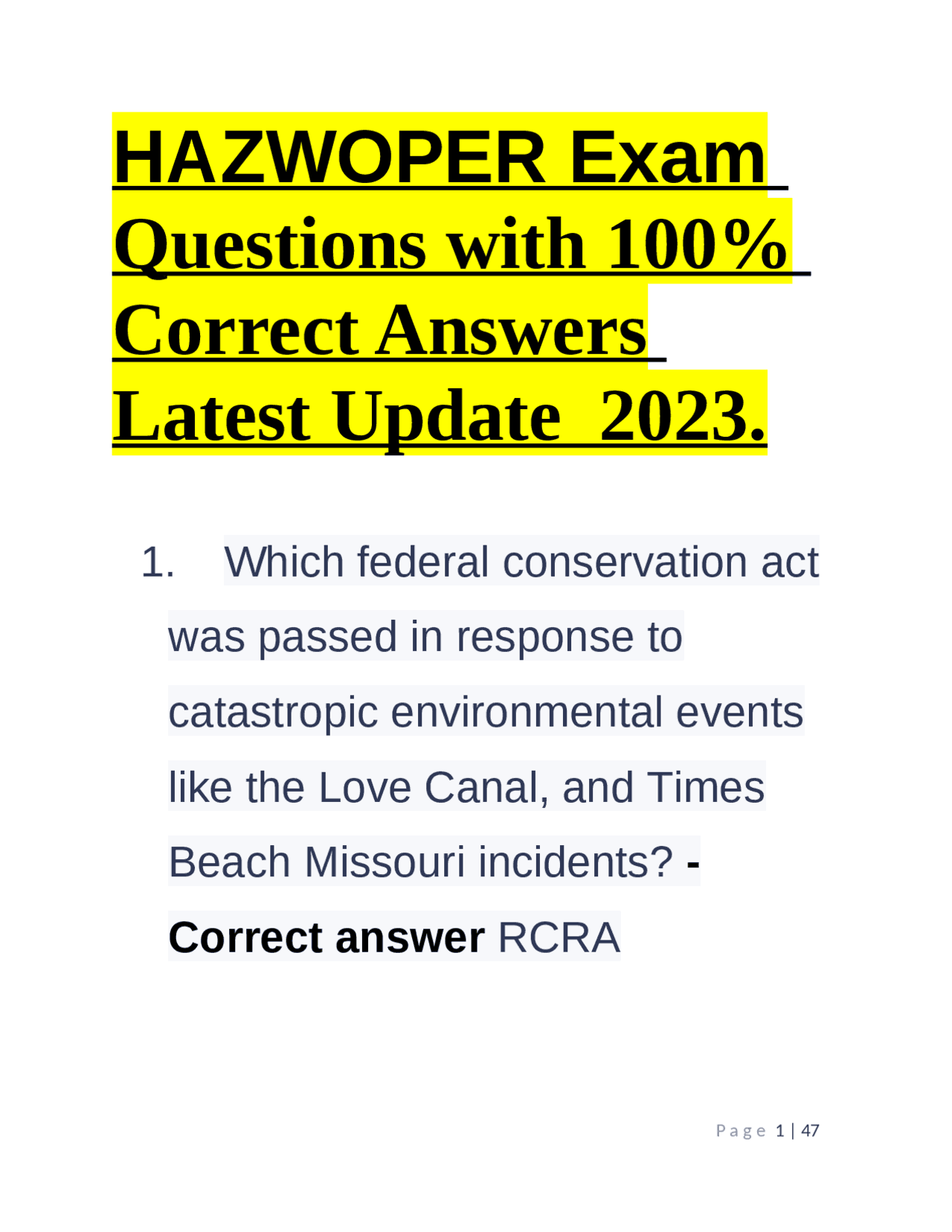 HAZWOPER Exam Questions with 100% Correct Answers Latest Update 2023 ...