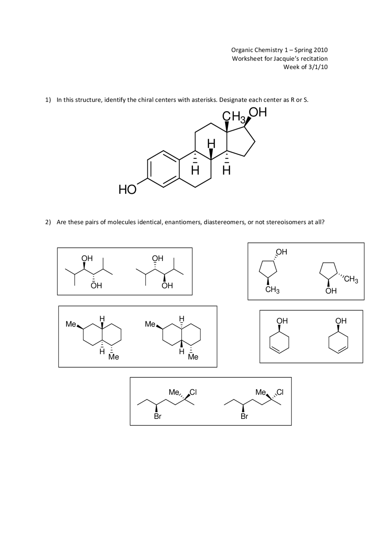 Organic Chemistry 1 – Worksheet for Jacquie’s recitation Week of 3/1/10 ...