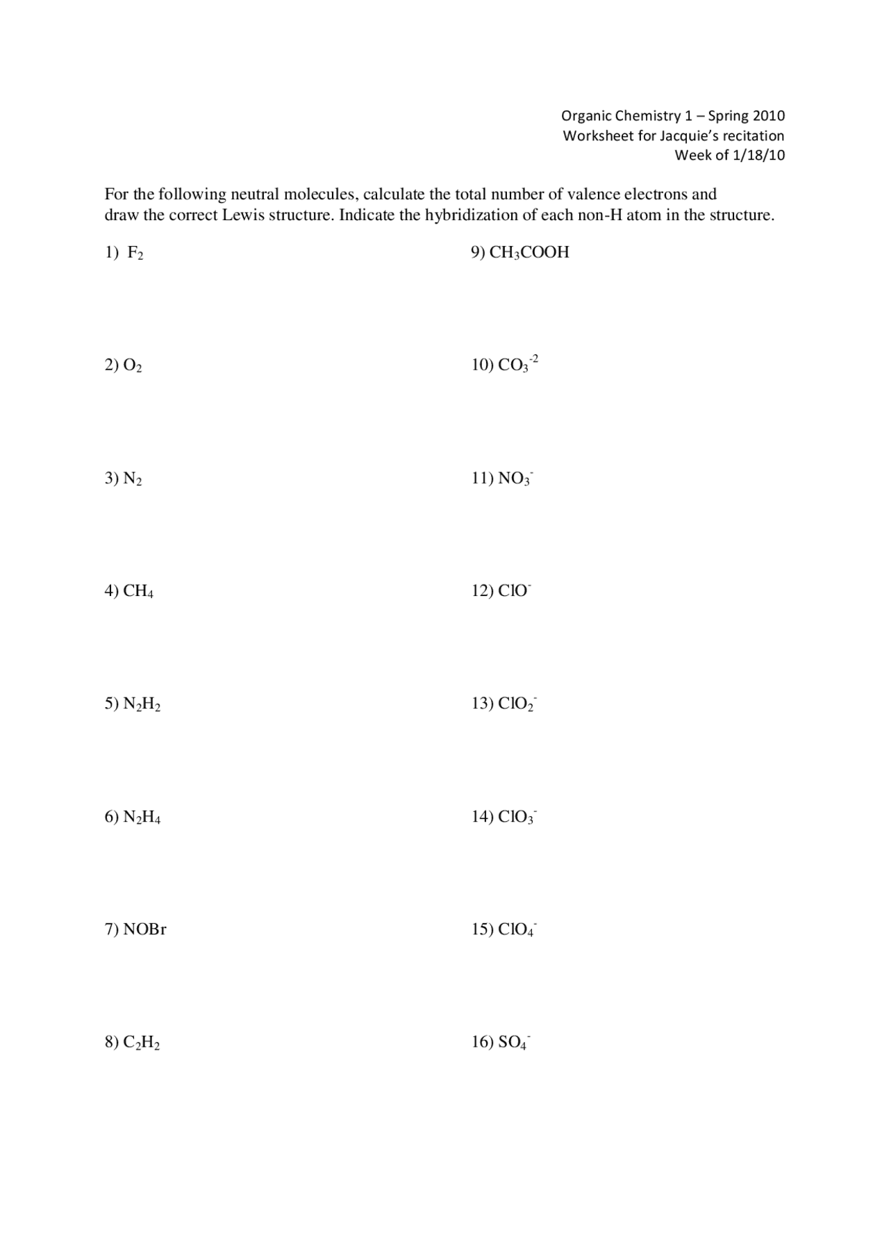 Organic Chemistry 1 – Worksheet for Jacquie’s recitation Week of 1/18 ...