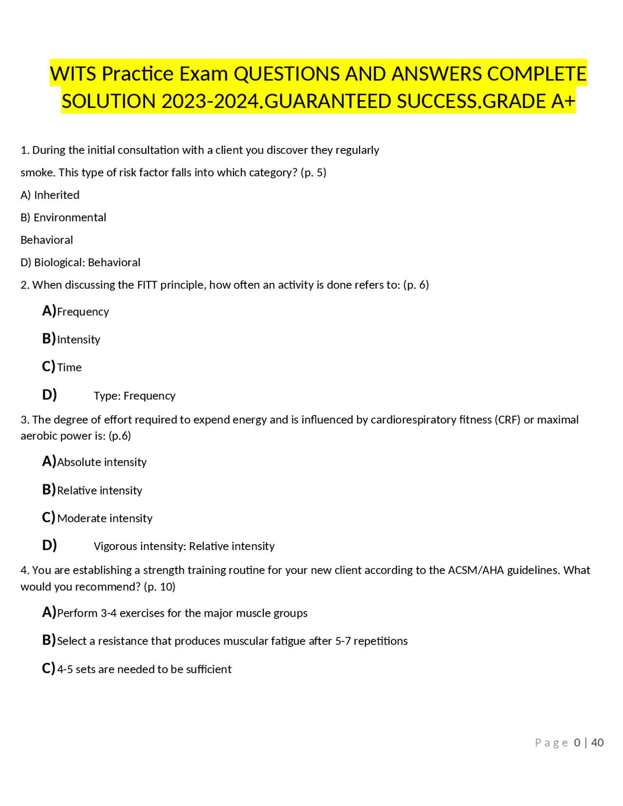 WITS Practice Exam QUESTIONS AND ANSWERS COMPLETE SOLUTION 2023-2024 ...