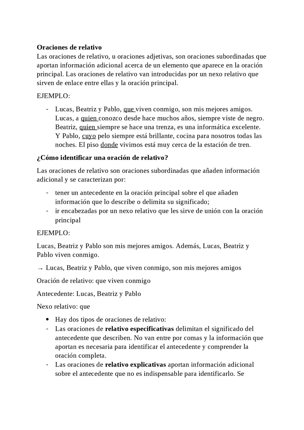 Oraciones de relativo | Schemi e mappe concettuali di Lingua Spagnola ...