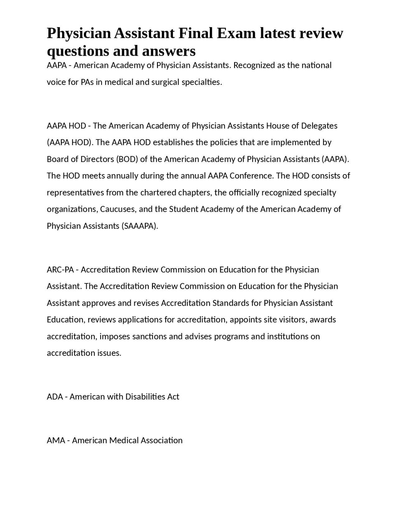 Physician Assistant Final Exam latest review questions and answers ...