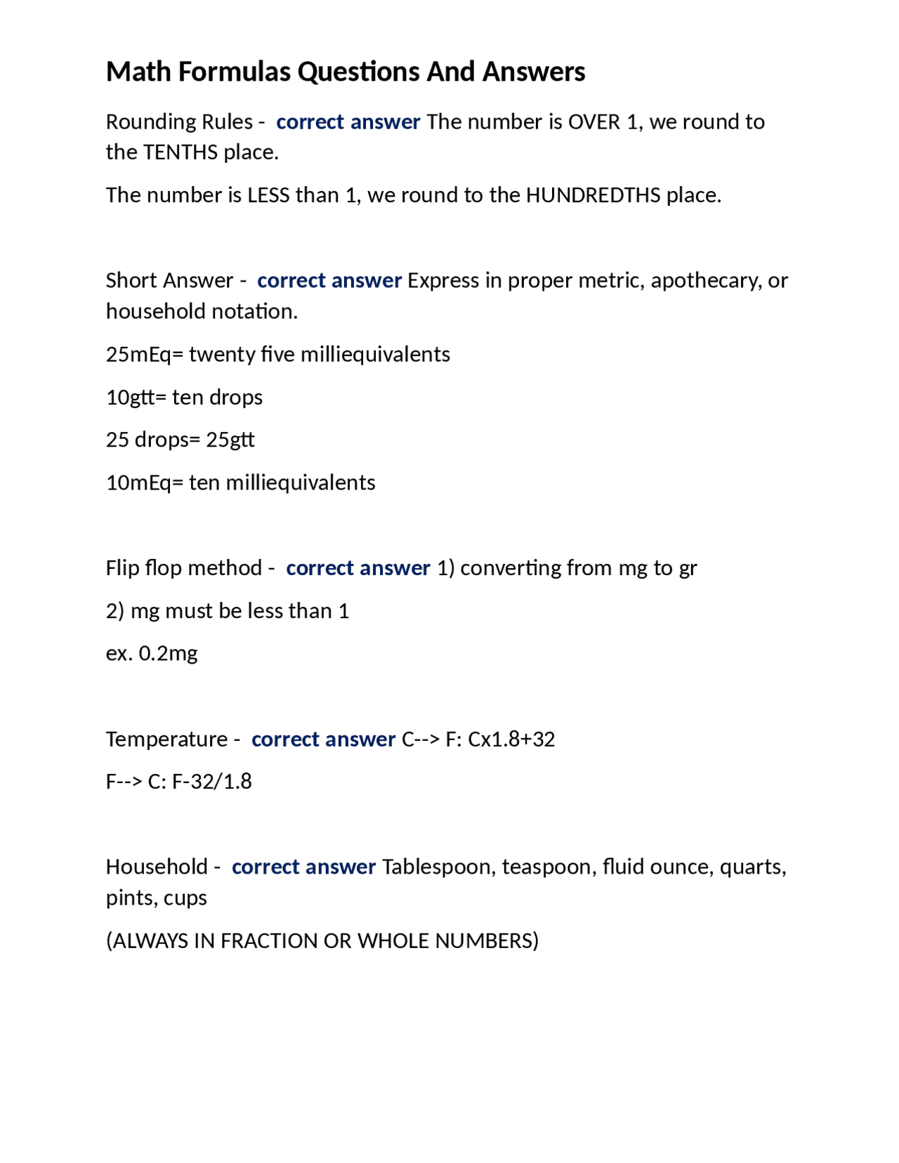 Math Formulas Questions and Answers | Exercises Nursing | Docsity