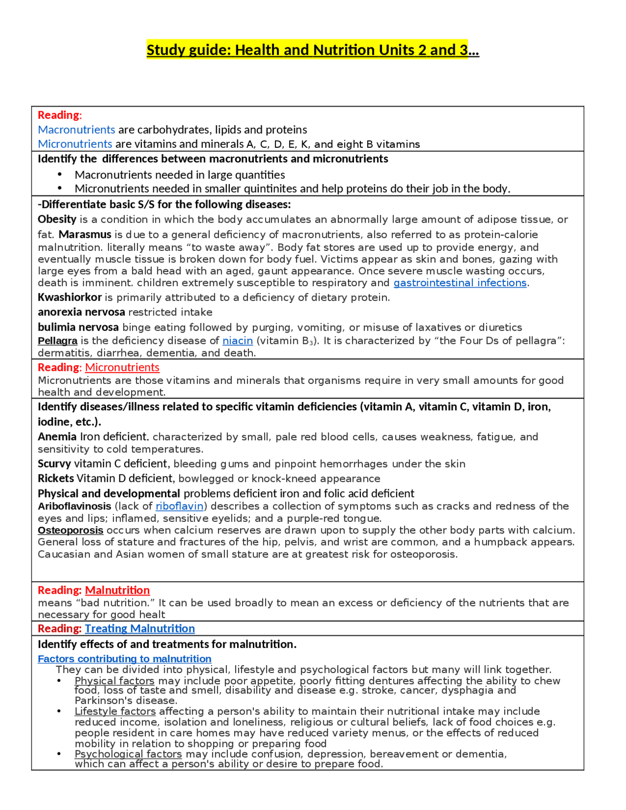 Study guide: Health and Nutrition Units 2 and 3 | Exams Nursing | Docsity