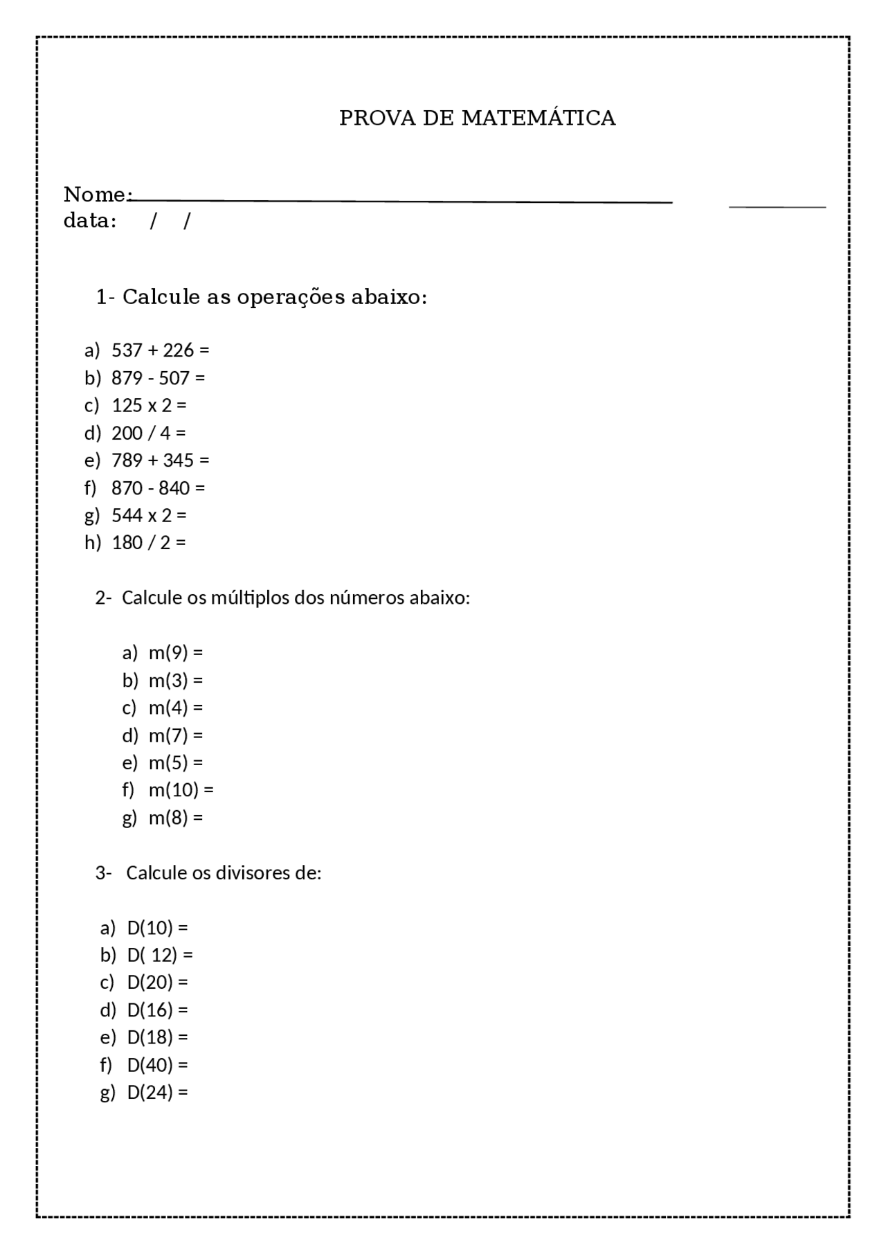 Prova de Matemática para o 6° ano | Provas Matemática | Docsity