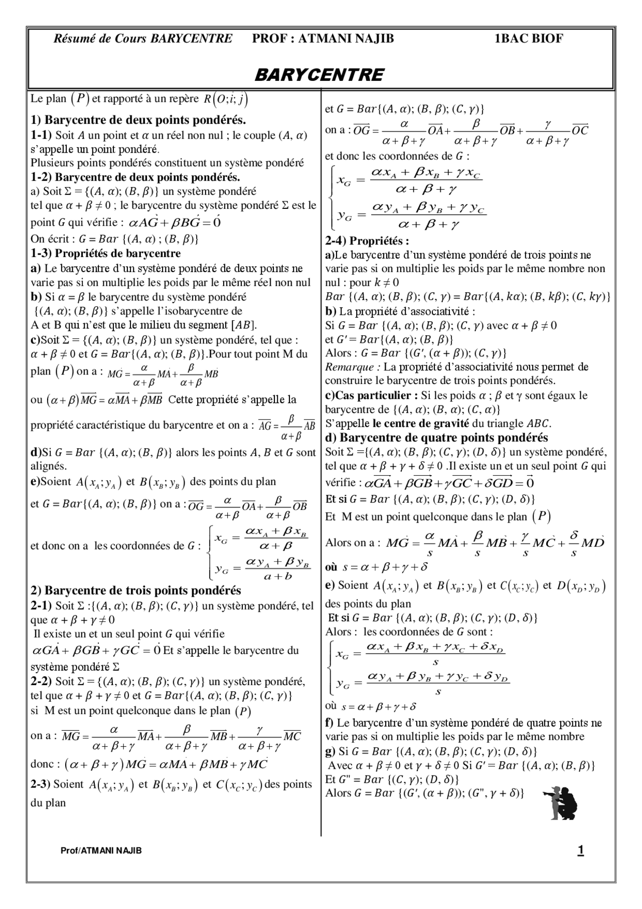 Le barycentre dans le plan | Cheat Sheet Mathematics | Docsity