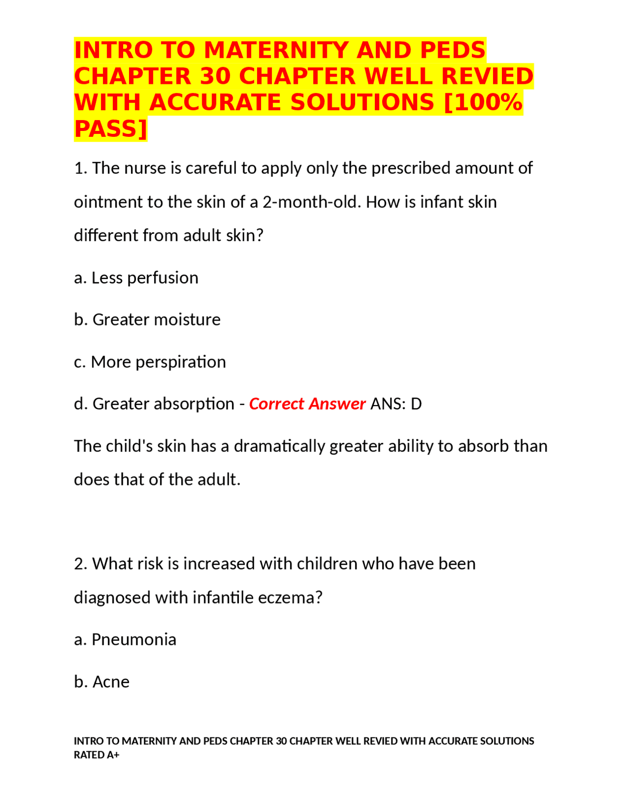 INTRO TO MATERNITY AND PEDS CHAPTER 30 CHAPTER WELL REVIED WITH ...