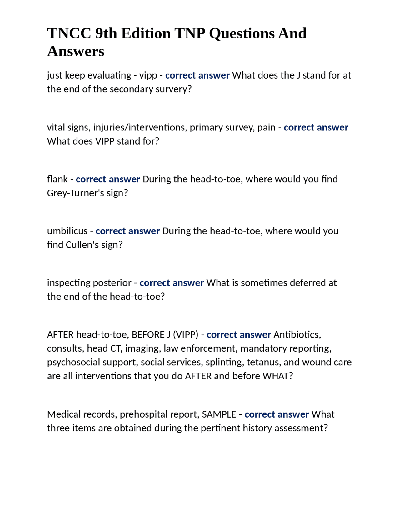 TNCC 9th Edition TNP Questions And Answers | Exercises Nursing | Docsity