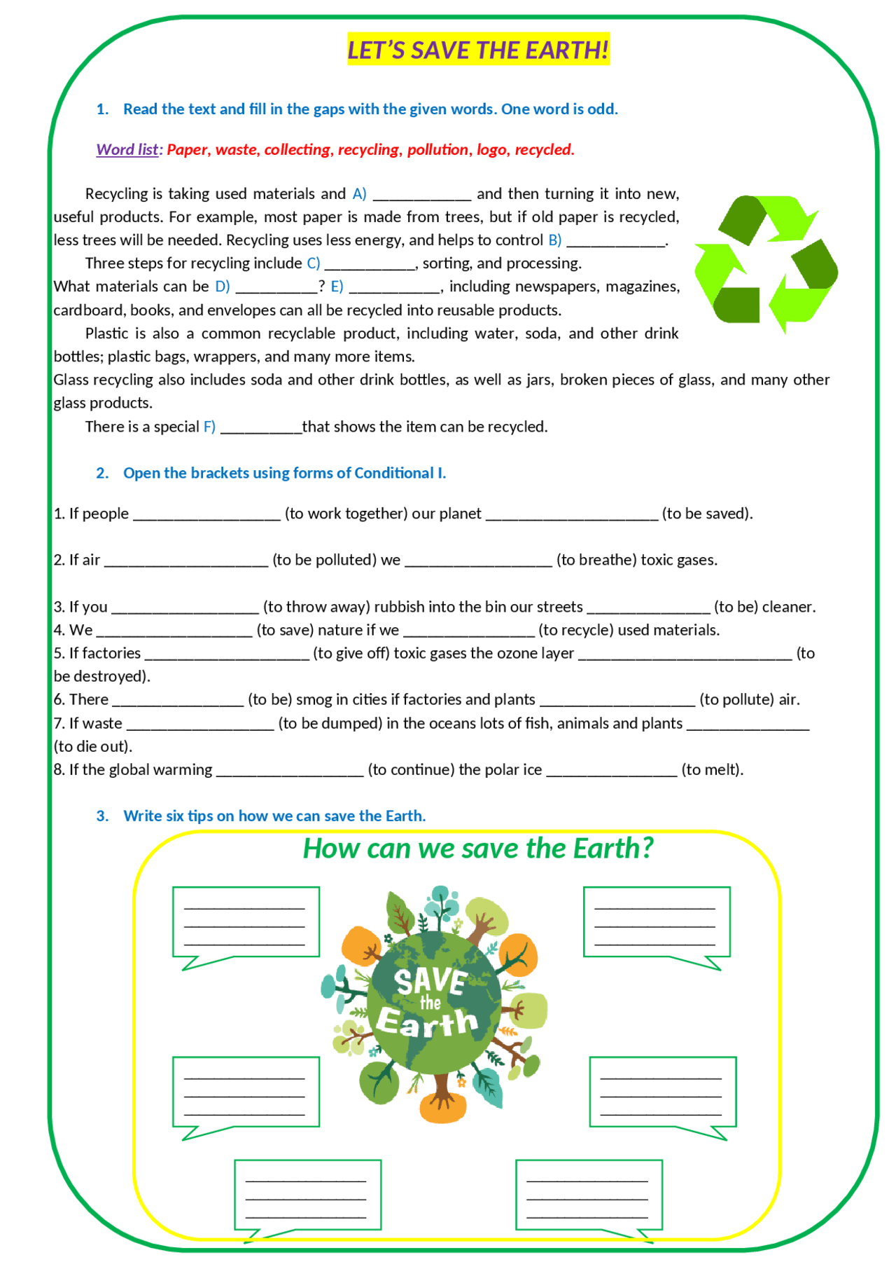 WRITING-MEDIO AMBIENTE | Ejercicios de Idioma Inglés | Docsity