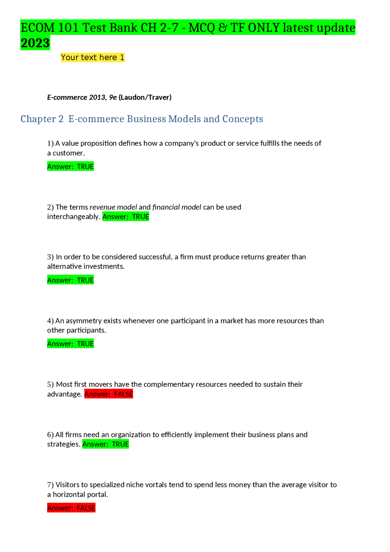 ECOM 101 Test Bank: Chapter 2-7 - Multiple Choice and True/False ...