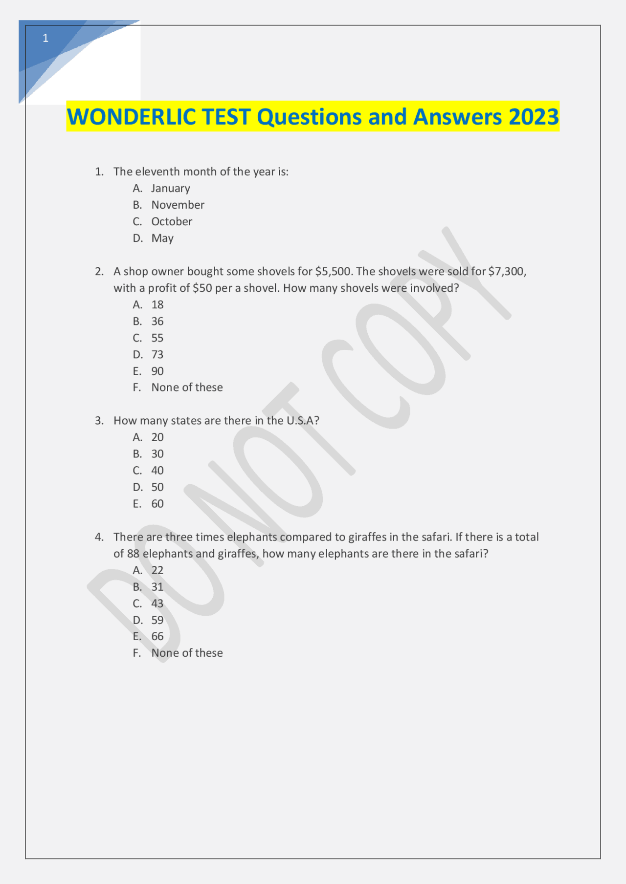 WONDERLIC TEST Questions and Answers 2023. | Exams Nursing | Docsity