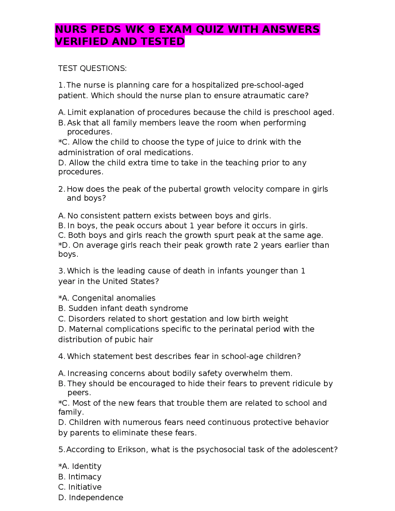 Pediatric Nursing Exam Quiz with Answers | Exams Pediatrics | Docsity