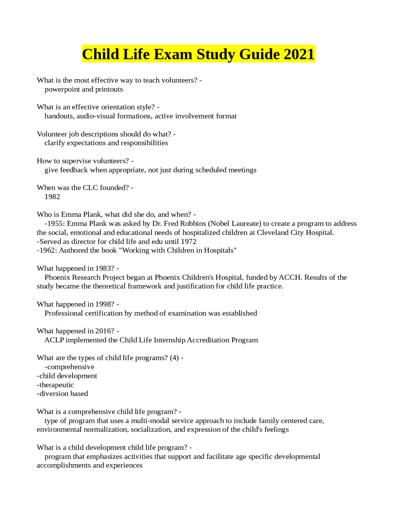 Child Life Exam Study Guide 2021 | Exams Developmental Psychology | Docsity