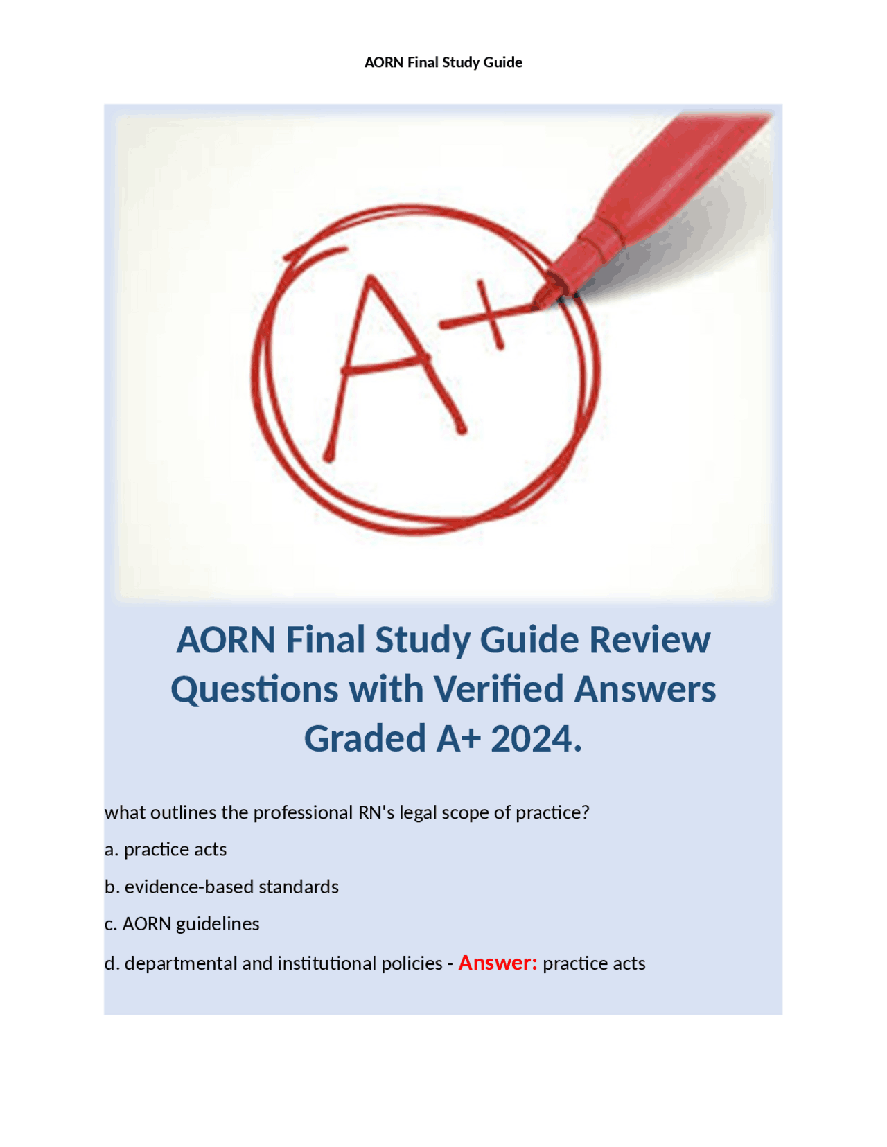 AORN Final Study Guide Review Questions with Verified Answers Graded A+ ...