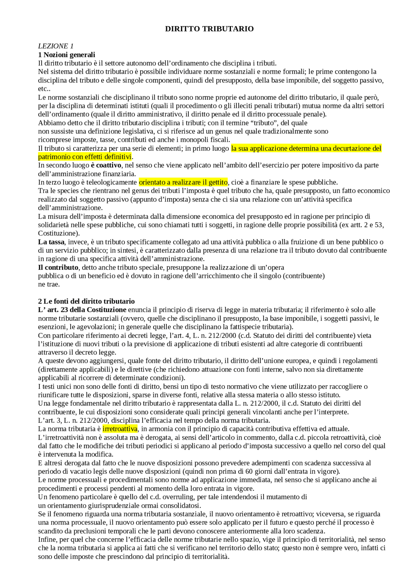 Riassunto completo di diritto tributario | Dispense di Diritto Tributario | Docsity