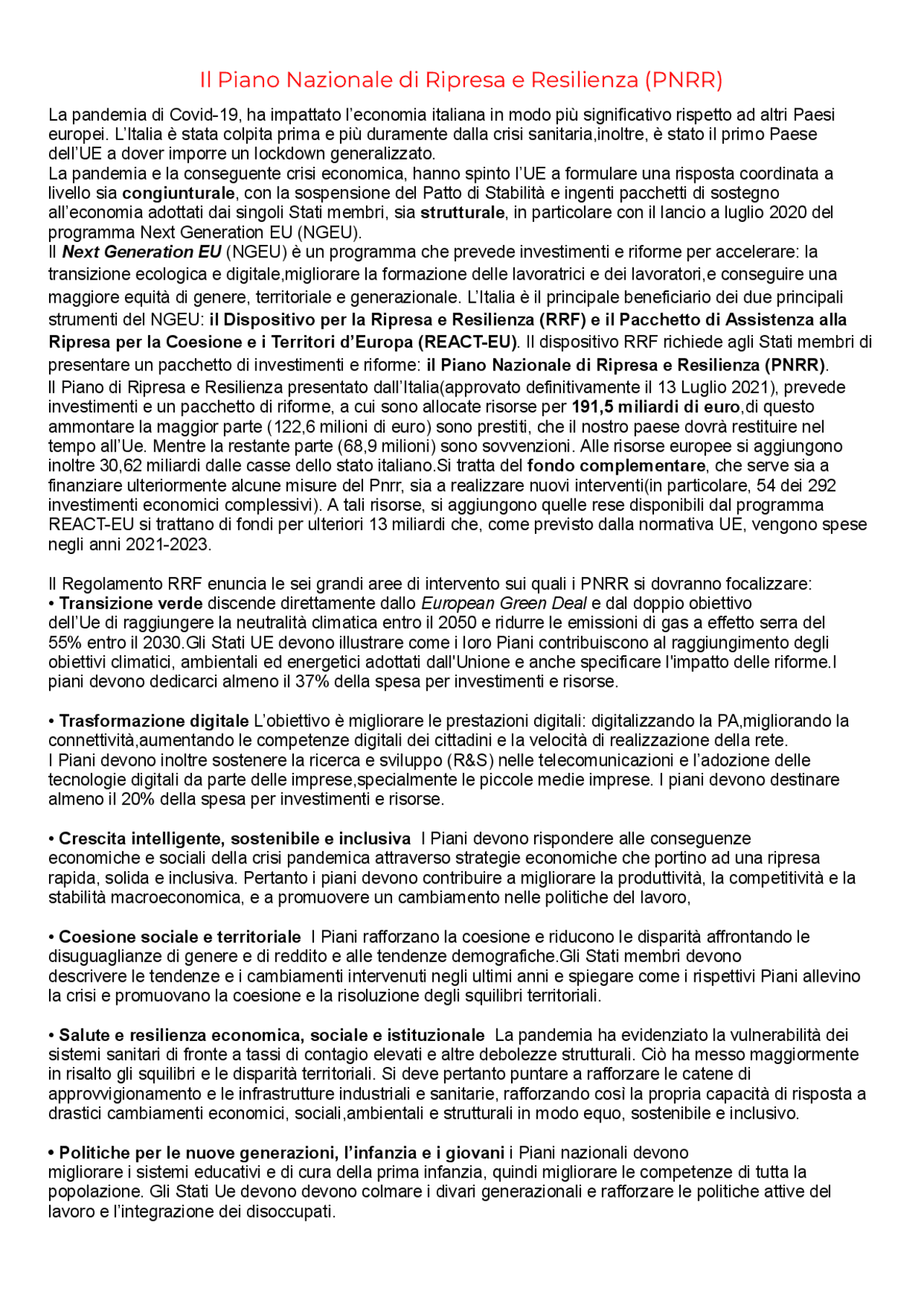 PNNR piano nazionale di ripresa e resilienza | Appunti di Diritto ed ...