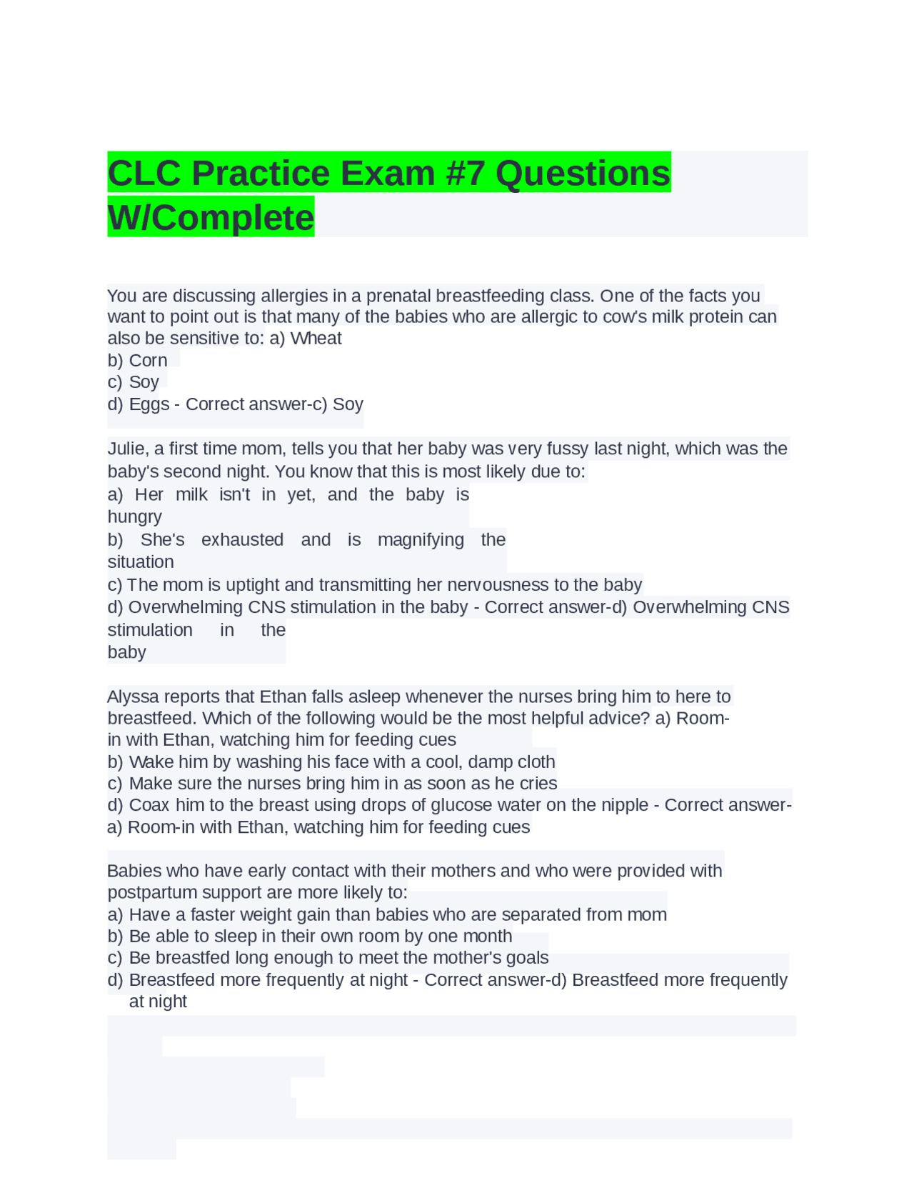 CLC Practice Exam #7 Questions W/Complete Solutions | Exams Nursing ...