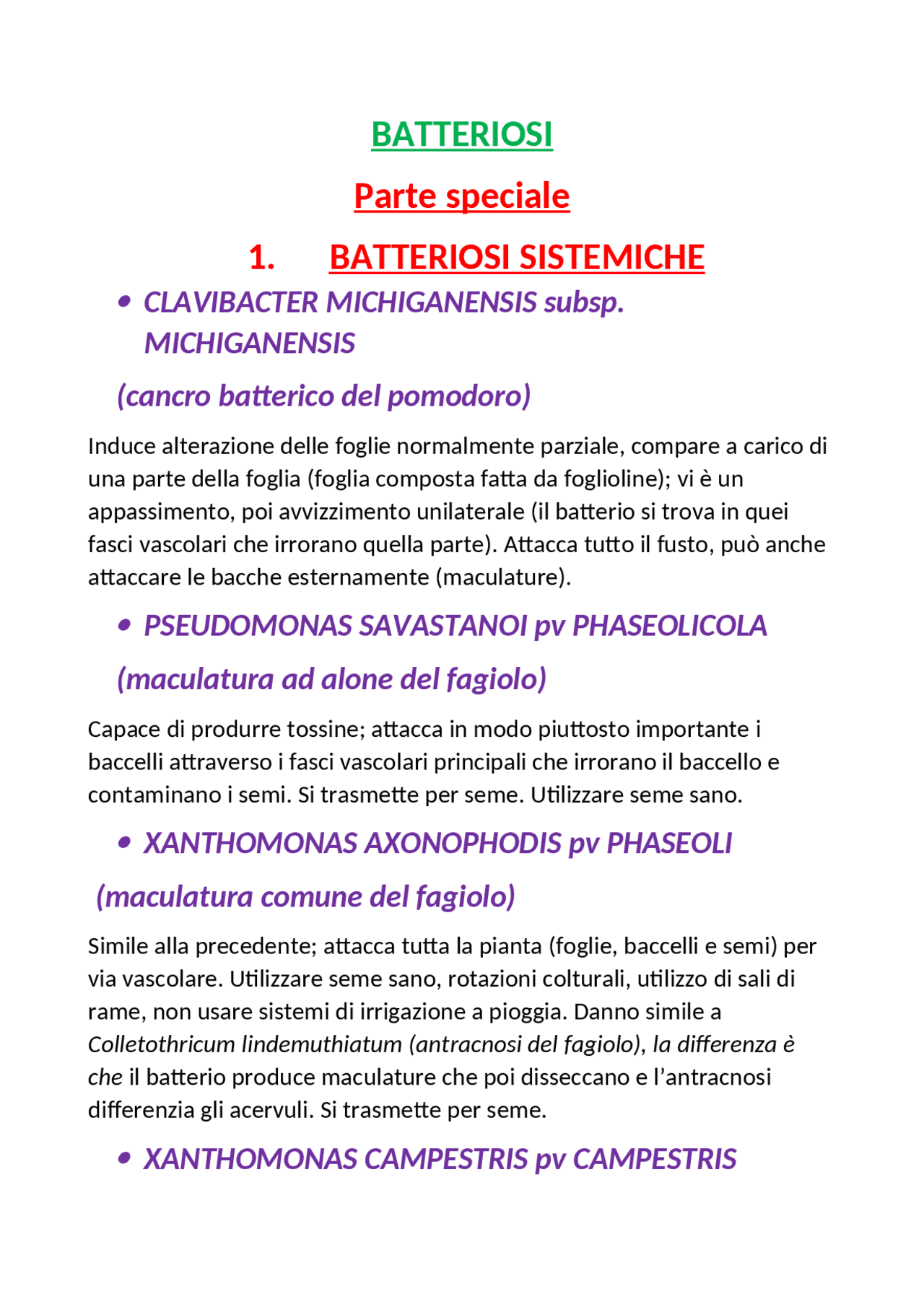 Patologia vegetale batteriosi | Appunti di Patologia | Docsity