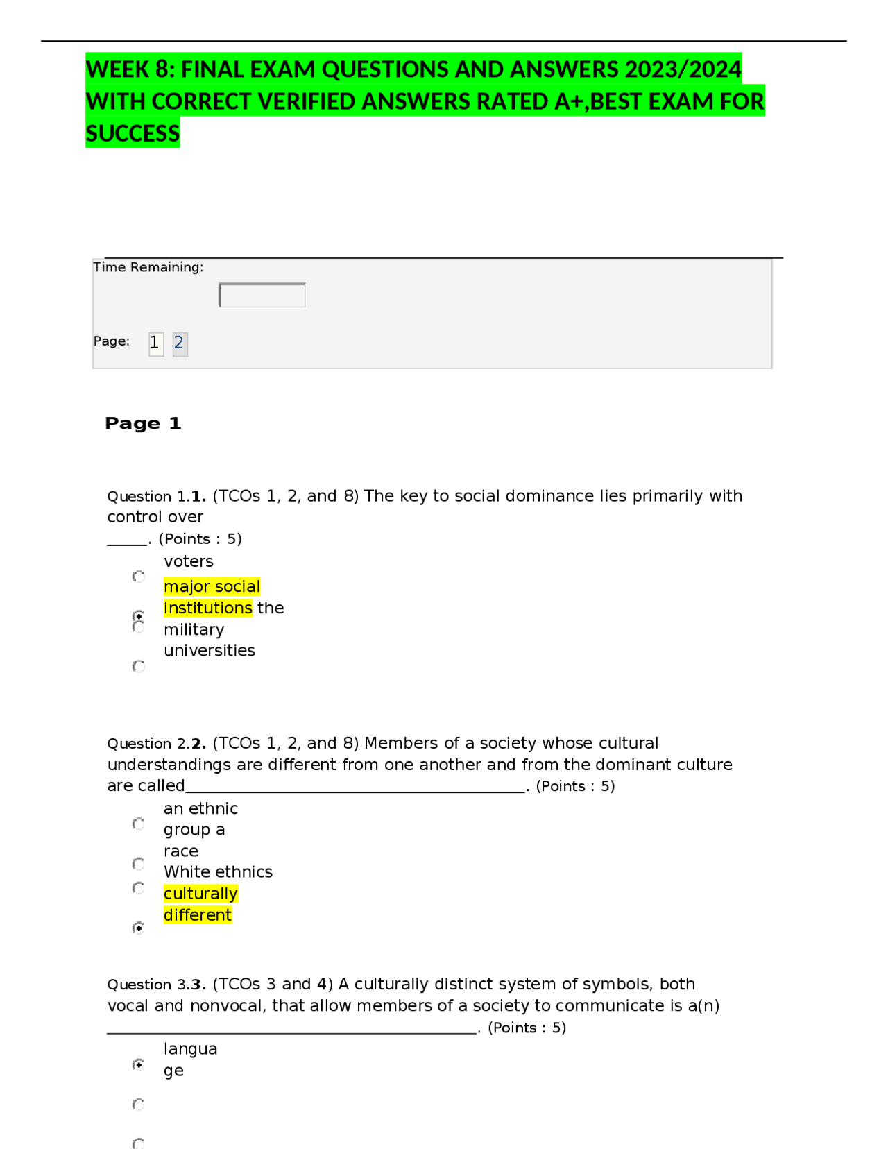 WEEK 8: FINAL EXAM QUESTIONS AND ANSWERS 2023/2024 WITH CORRECT VERIFIED ANSWERS RATED A+ ...