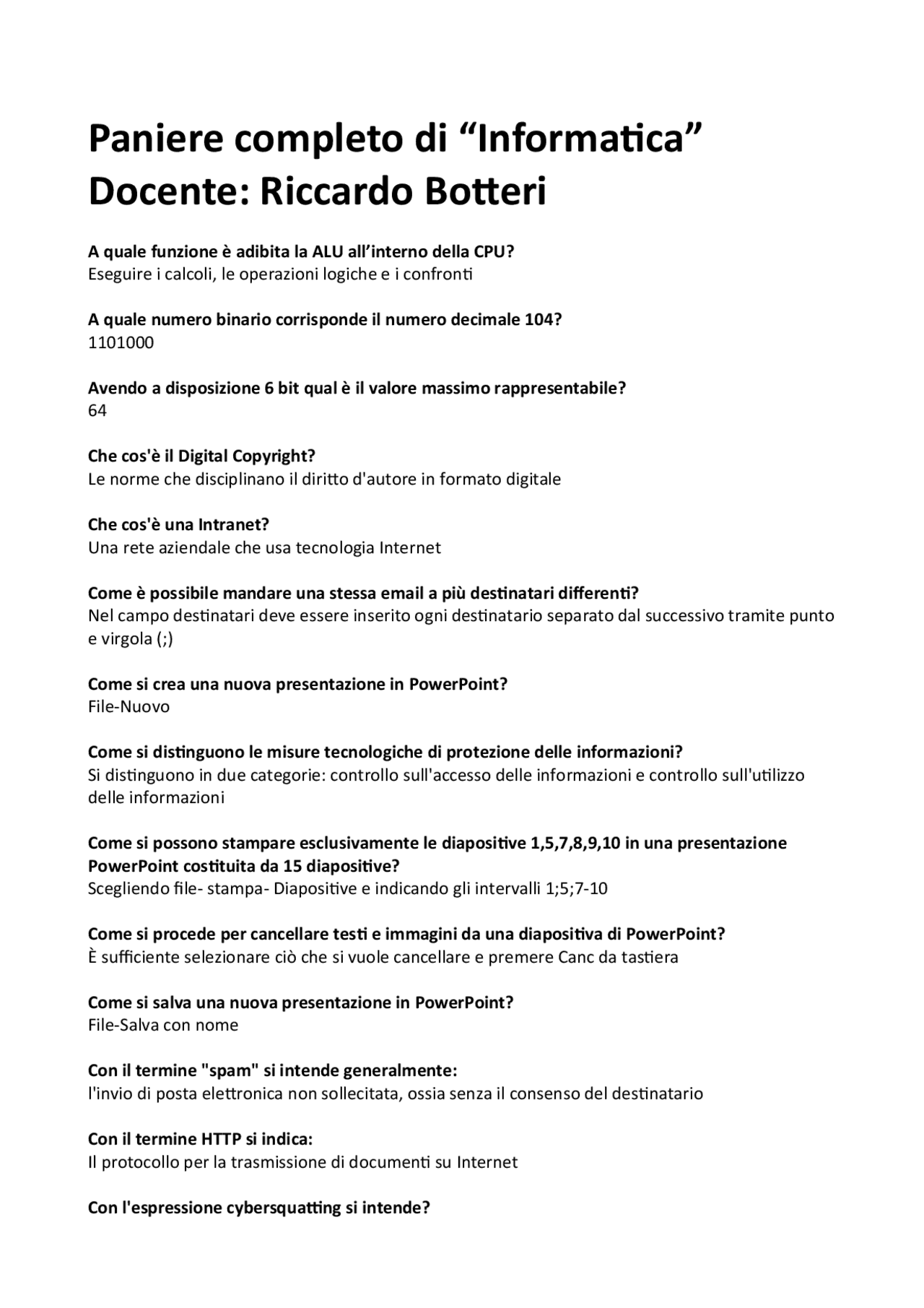 INFORMATICA - MULTIPLE + APERTE (completo e in ordine dalla A alla Z) | Prove d'esame di ...