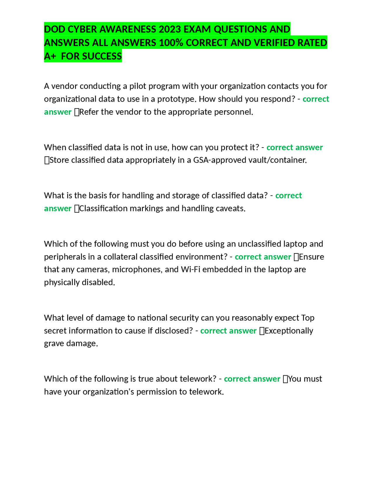 DOD CYBER AWARENESS 2023 EXAM QUESTIONS AND ANSWERS ALL ANSWERS 100% ...