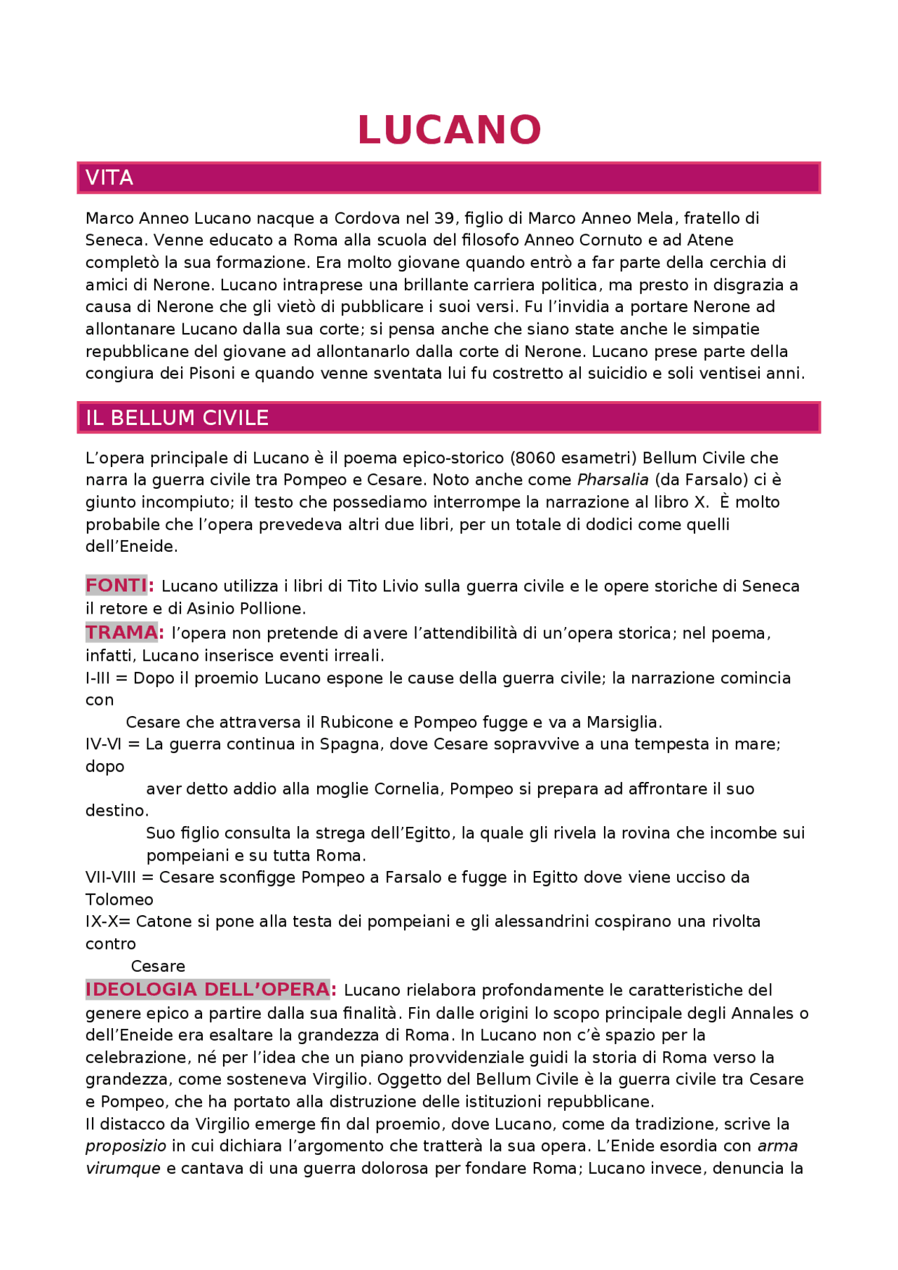 RIASSUNTO COMPLETO SU LUCANO | Appunti di Latino | Docsity