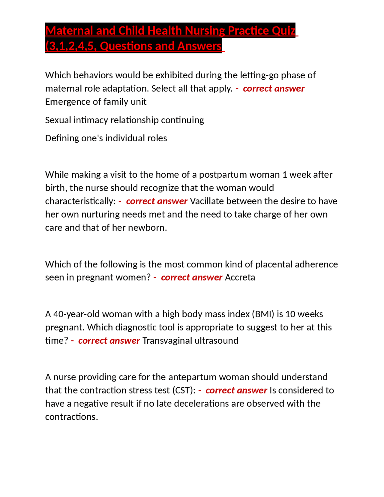 Maternal and Child Health Nursing Practice Quiz (3,1,2,4,5, Questions ...